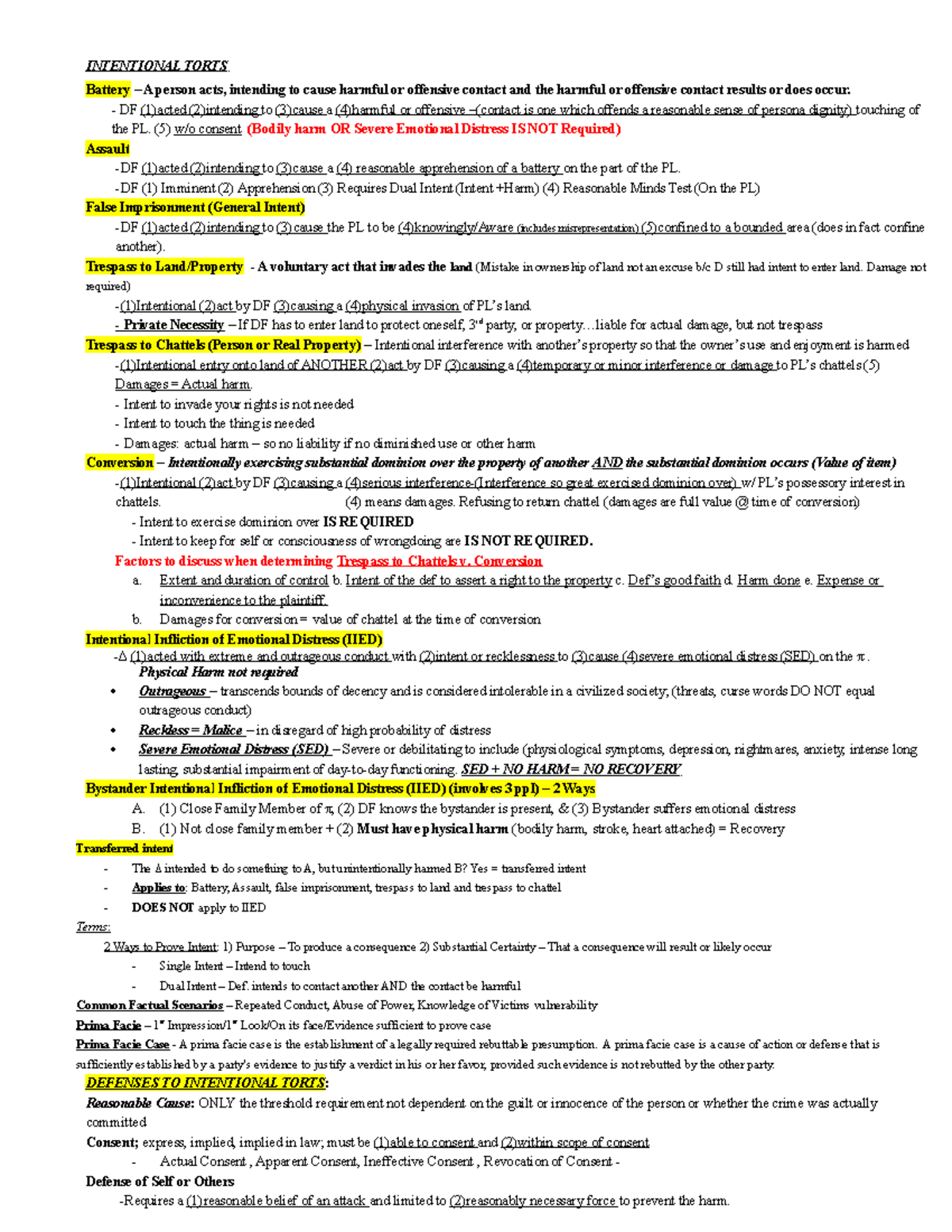 Torts Cheat Sheet Updated 24 Dec 22 - INTENTIONAL TORTS Battery – A ...