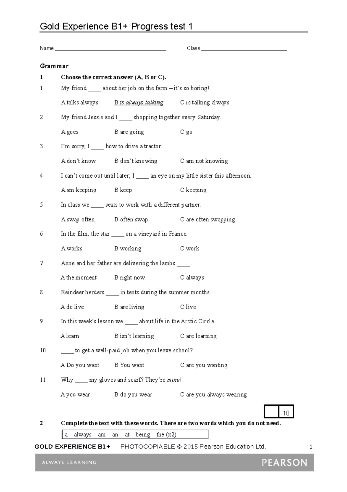 Progress test 01 - test GOLD EXPERIENCE B1+ - Gold Experience B1 ...