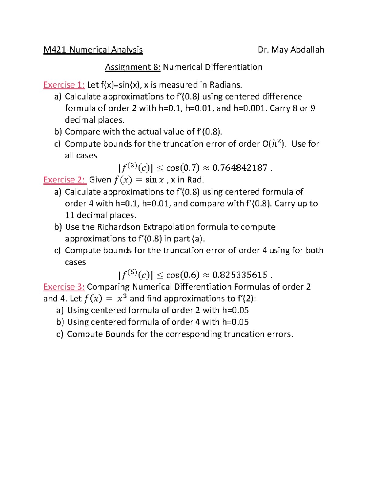 Assignment 8 Section 6 - M421-Numerical Analysis Dr. May Abdallah ...