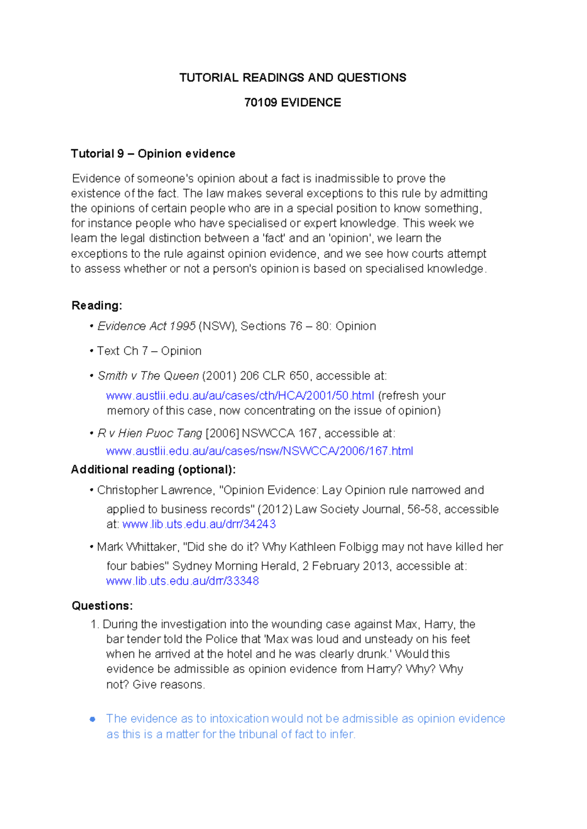 Tutorial 9 notes - TUTORIAL READINGS AND QUESTIONS 70109 EVIDENCE ...