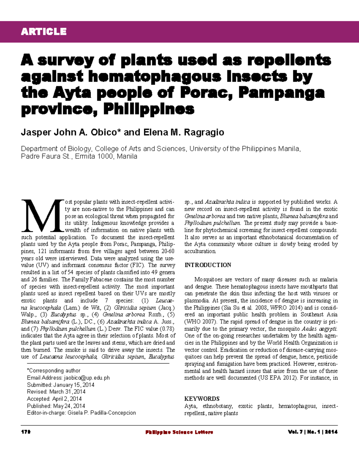 A survey of plants used as repellents against hematophagous insects by ...