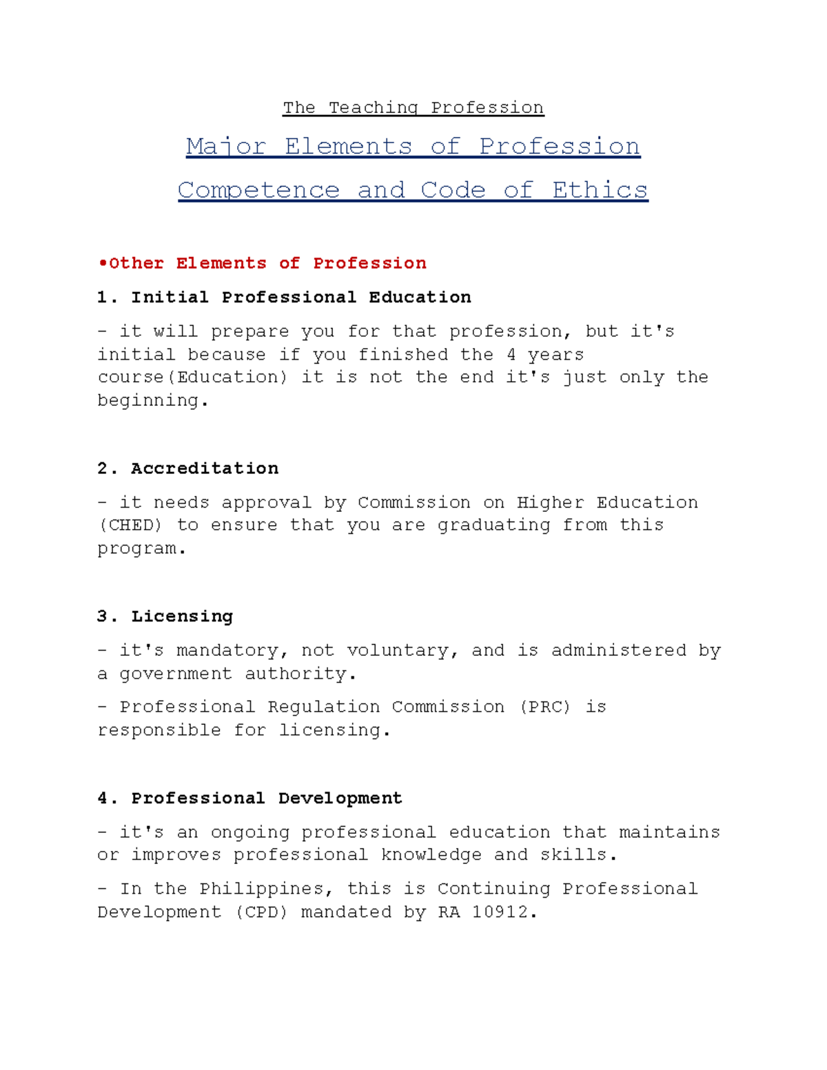 Competence and Code of Ethics - The Teaching Profession Major Elements ...