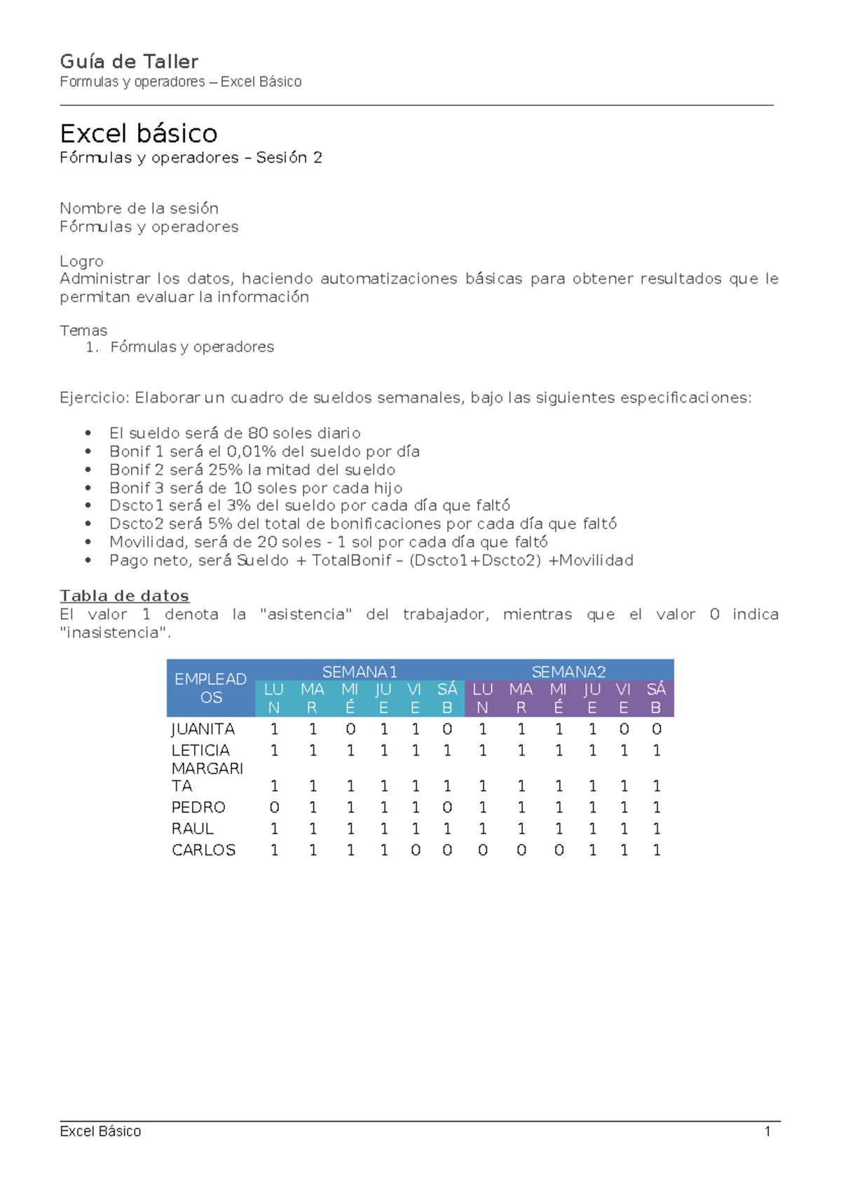 Pc1-2 - Pc1-2 - Guía de Taller Formulas y operadores – Excel Básico - Studocu