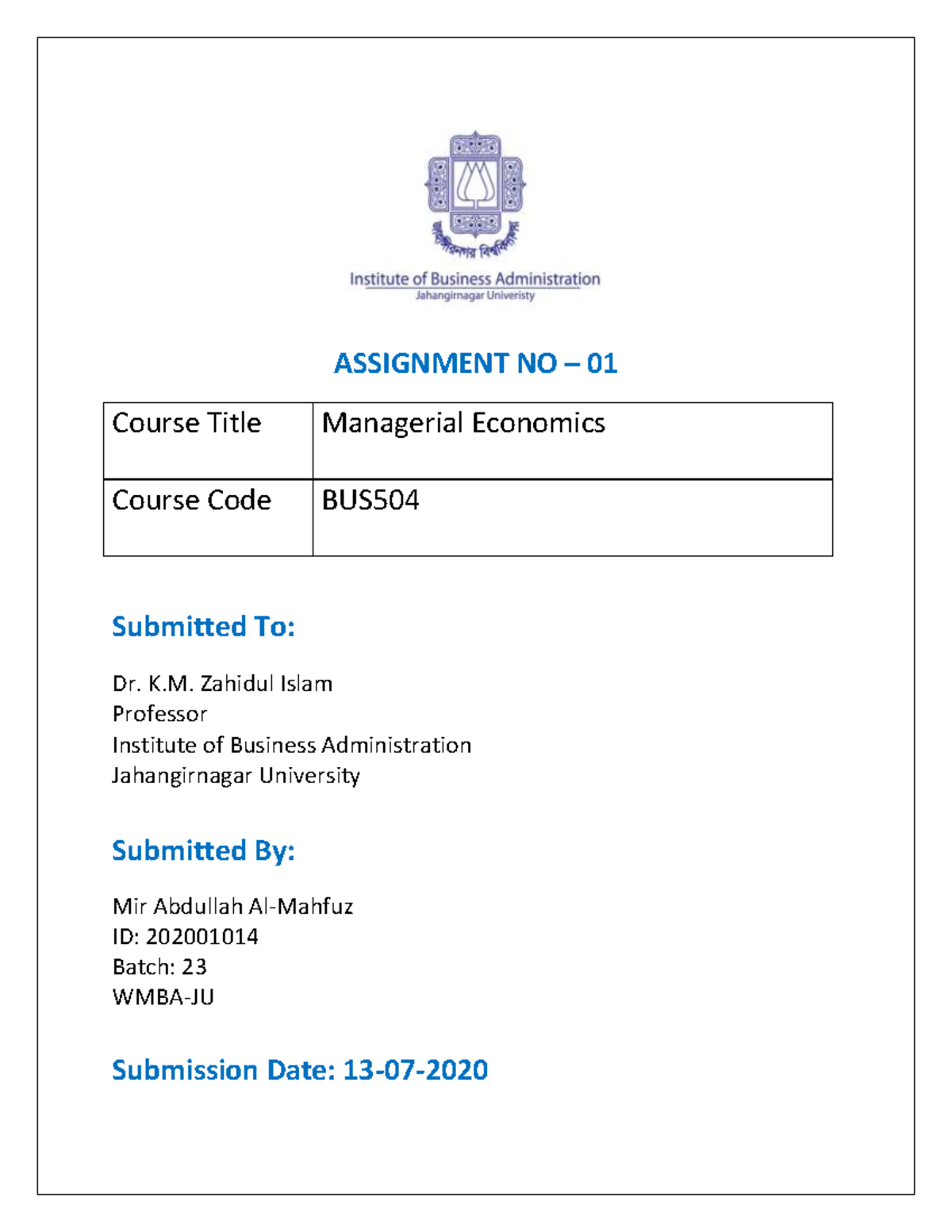 Assignment NO - 01 - please read first - ASSIGNMENT NO – 01 Course Title Managerial Economics ...
