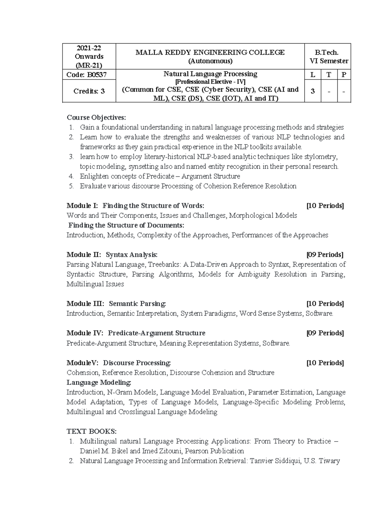 NLP - syllabus - 2021- 22 Onwards (MR-21) MALLA REDDY ENGINEERING ...