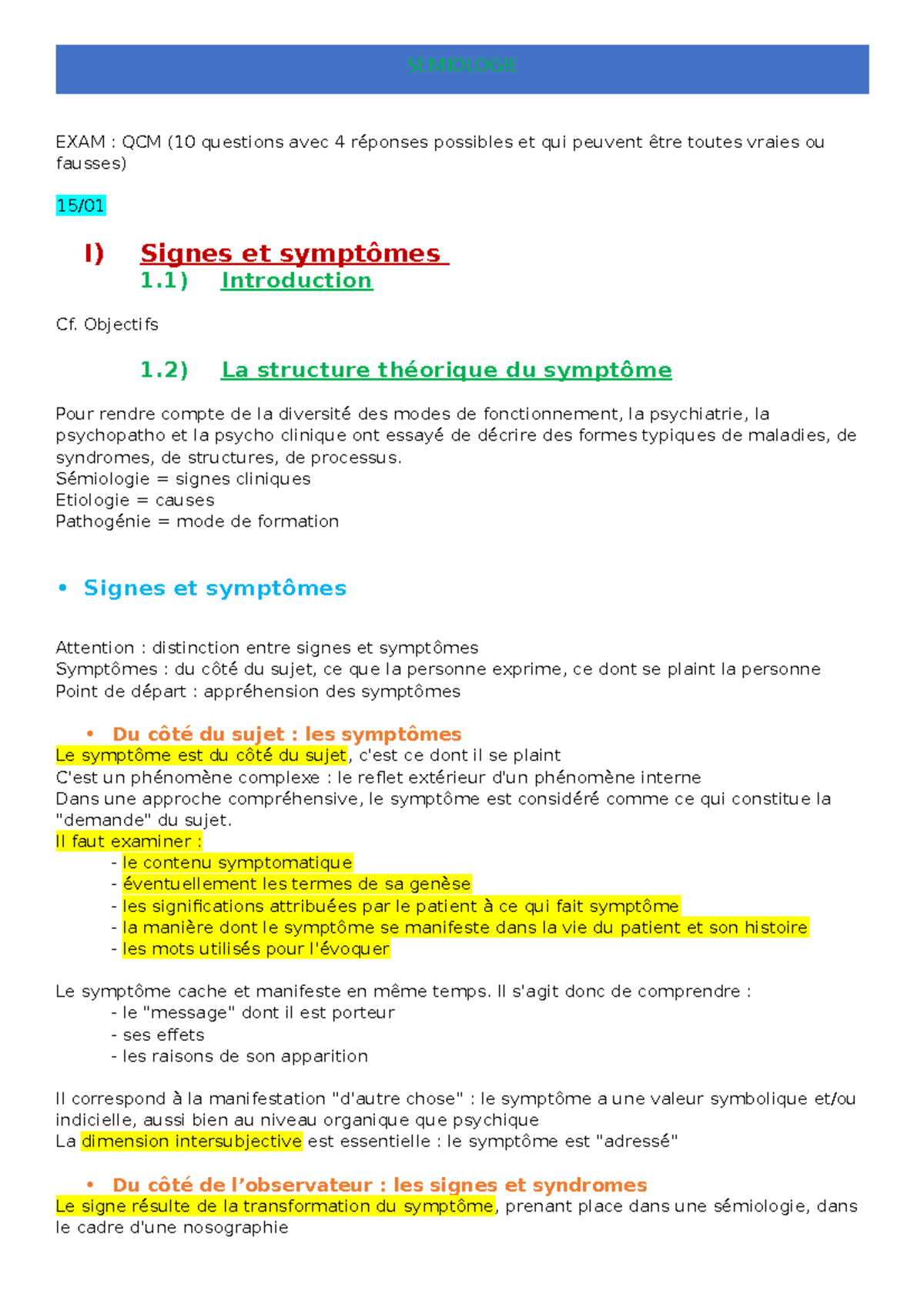CM - SEMIOLOGIE EXAM : QCM (10 questions avec 4 réponses possibles et ...