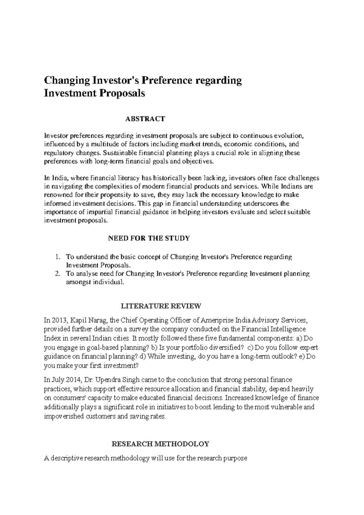 Thesis Synopsis - Changing Investor's Preference regarding Investment ...