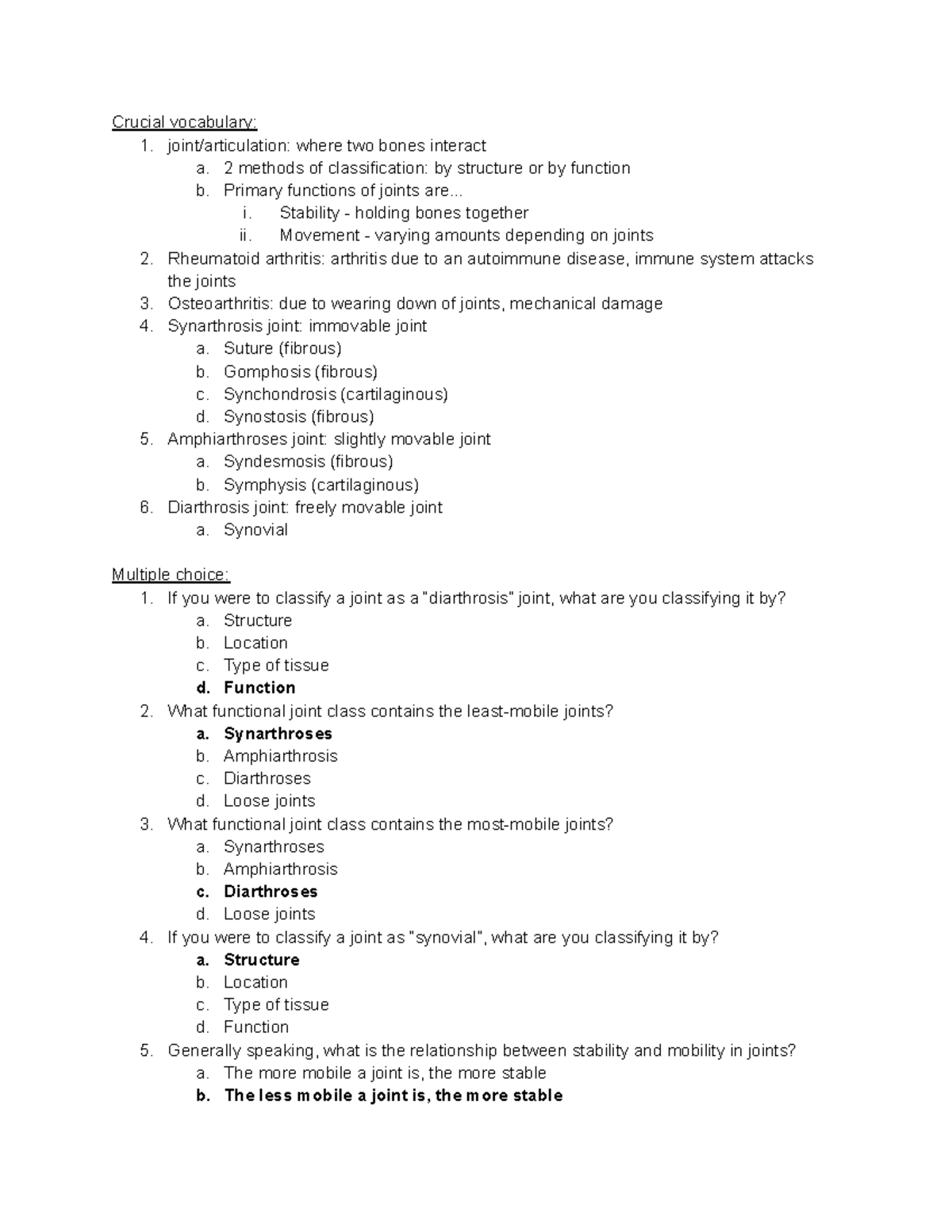 Kin270 exam review - Crucial vocabulary: 1. joint/articulation: where ...