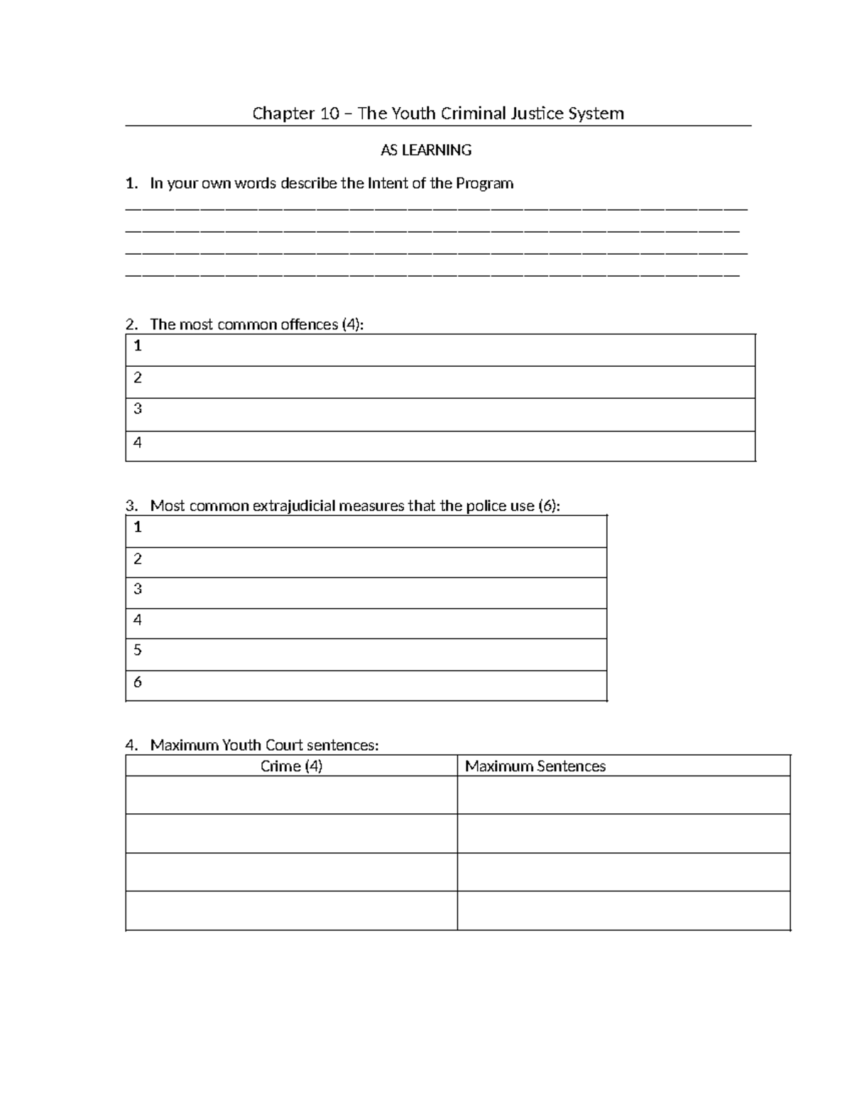 Chapter 10 Worksheet - Chapter 10 – The Youth Criminal Justice System ...