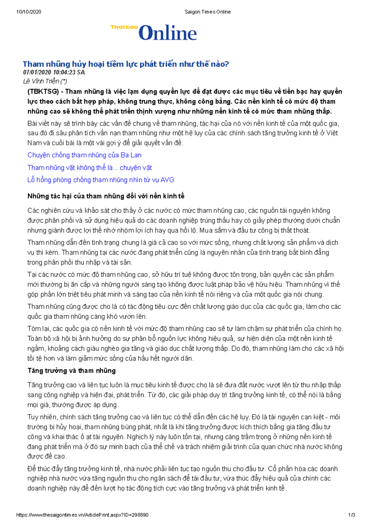 Tham nhung huy hoai tiem luc 2020 - 10/10/2020 Saigon Times Online - Studocu