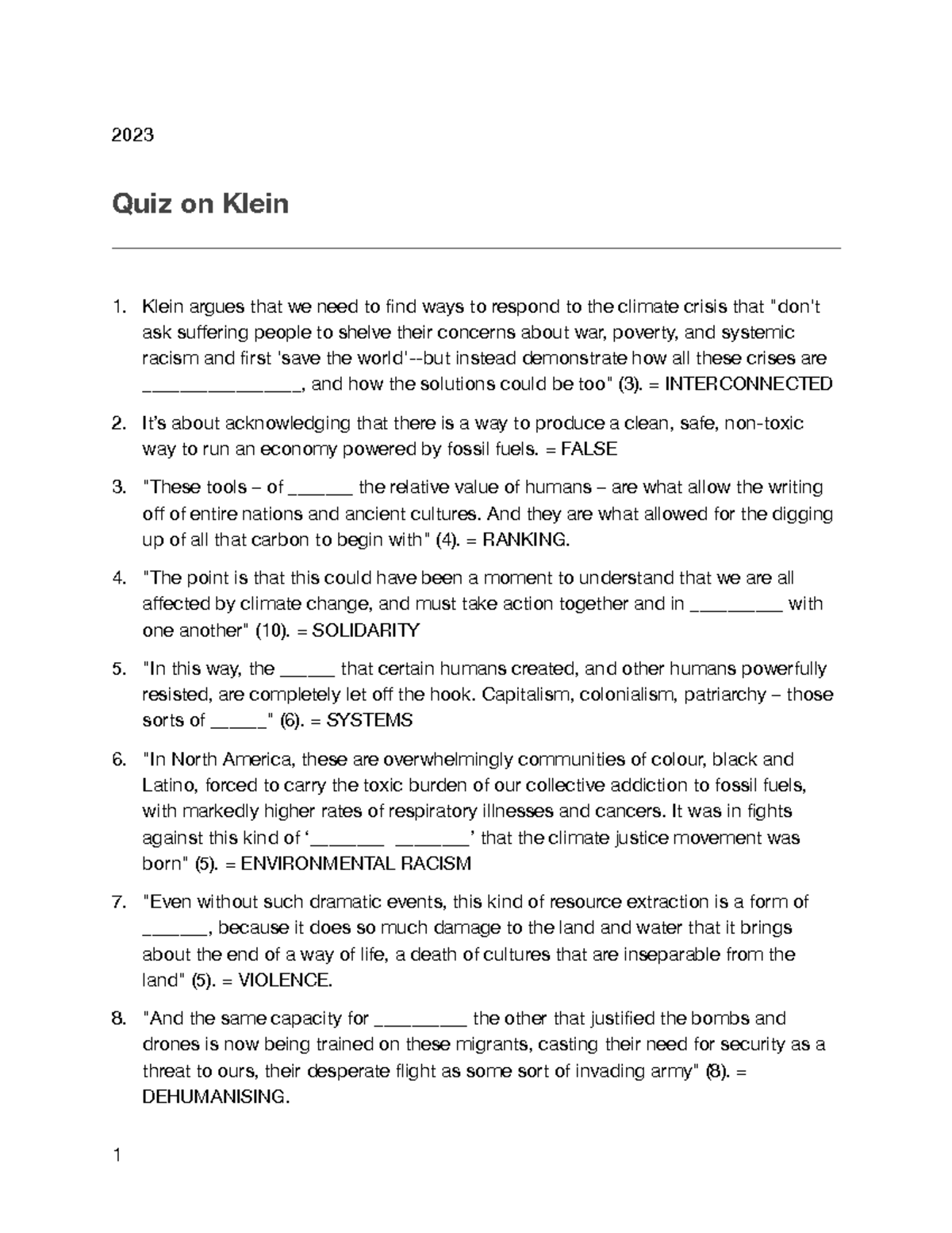 Quiz on Klein - Quiz practice question with answers. - 2023 Quiz on ...