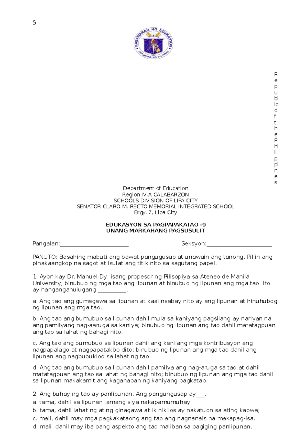 Assessment TEST ( ESP - 9 ) First Quarter - R e p u bl ic o f t h e P ...