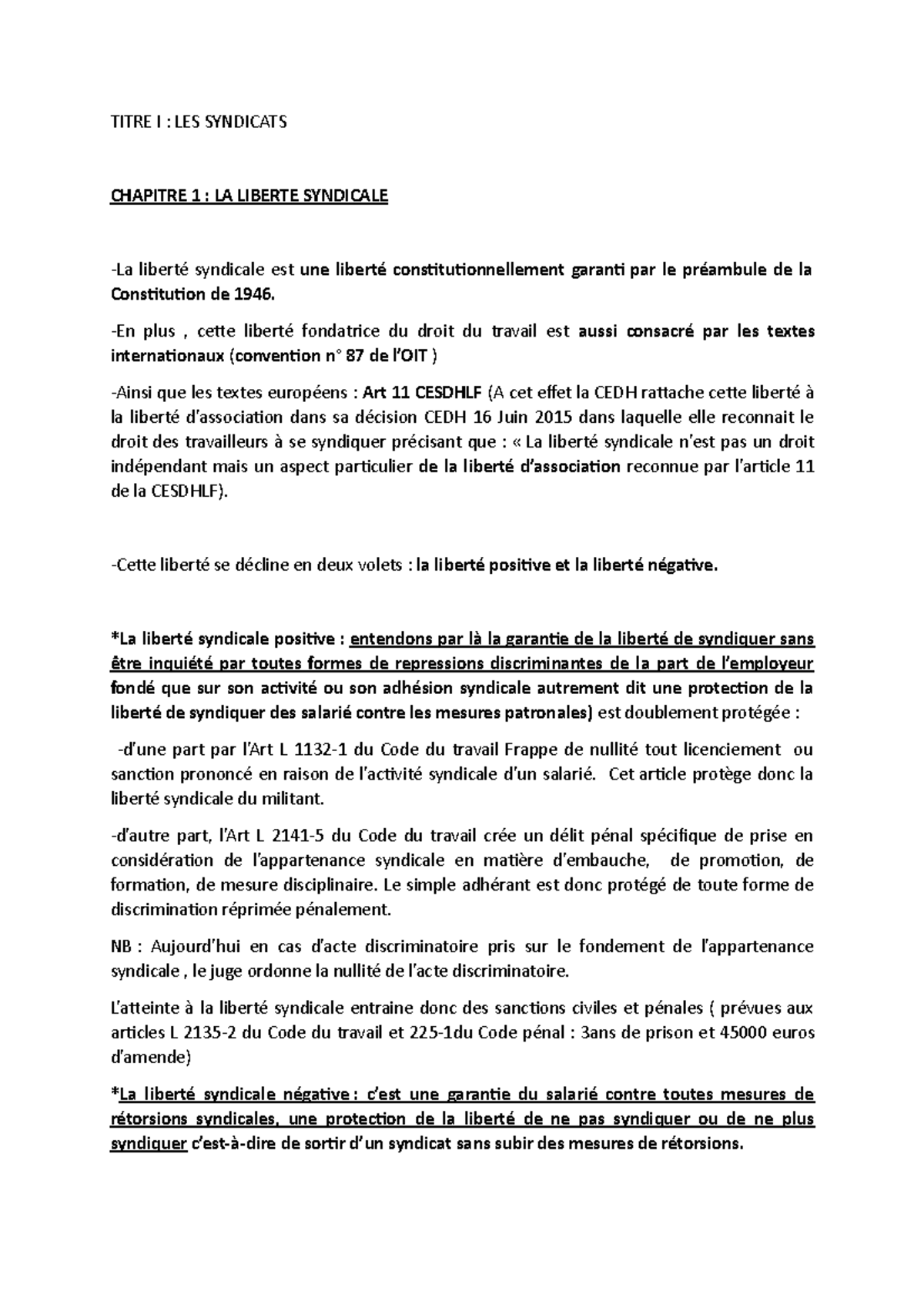 Titre I Droit Syndical - TITRE I : LES SYNDICATS CHAPITRE 1 : LA ...