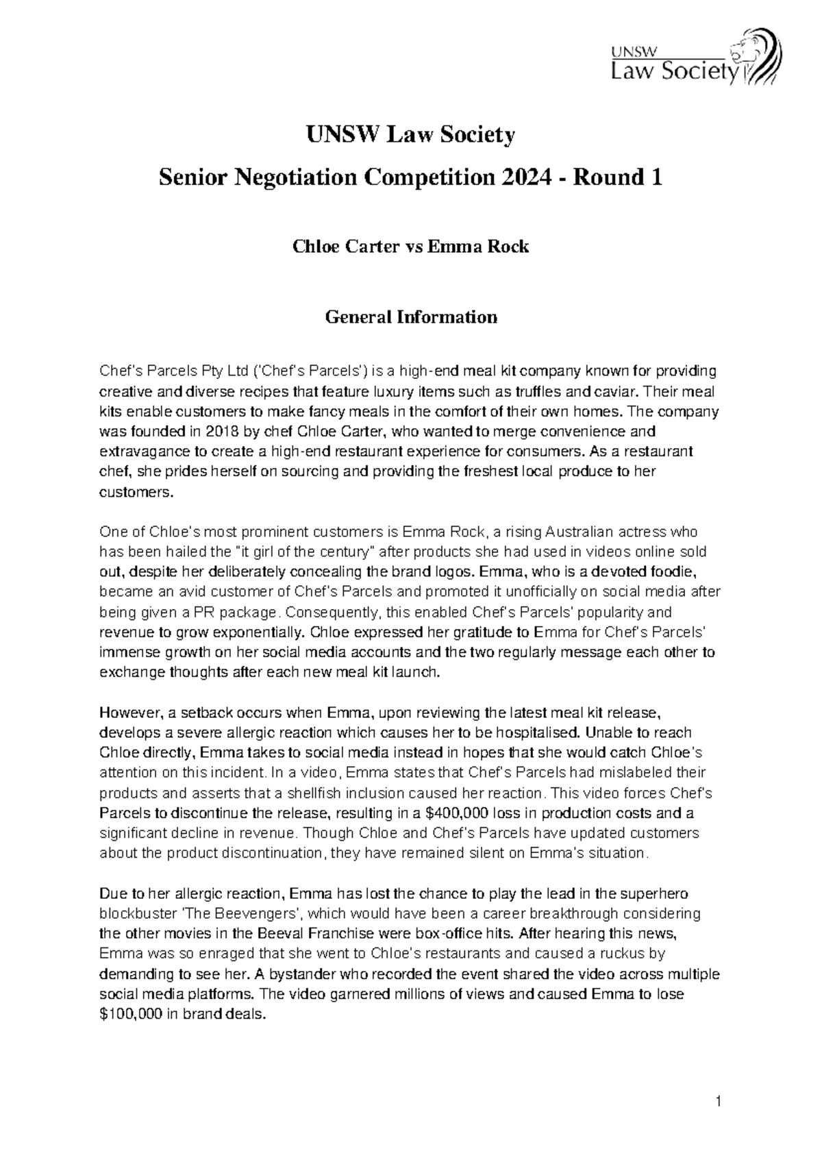 UNSW 2024 Seniors Negotiations - Carter v Rock (General) - 1 UNSW Law ...