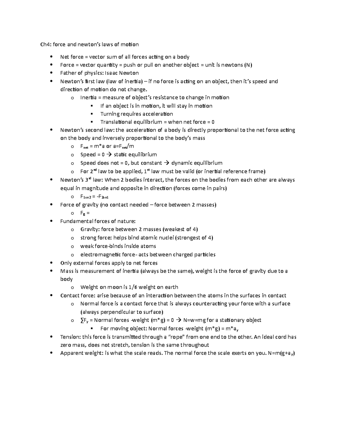 Ch5 - chapter 5 - Ch4: force and newton’s laws of motion Net force ...