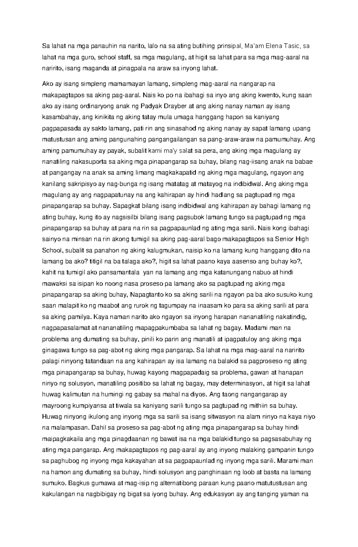 Talumpati done - Sa lahat na mga panauhin na narito, lalo na sa ating ...