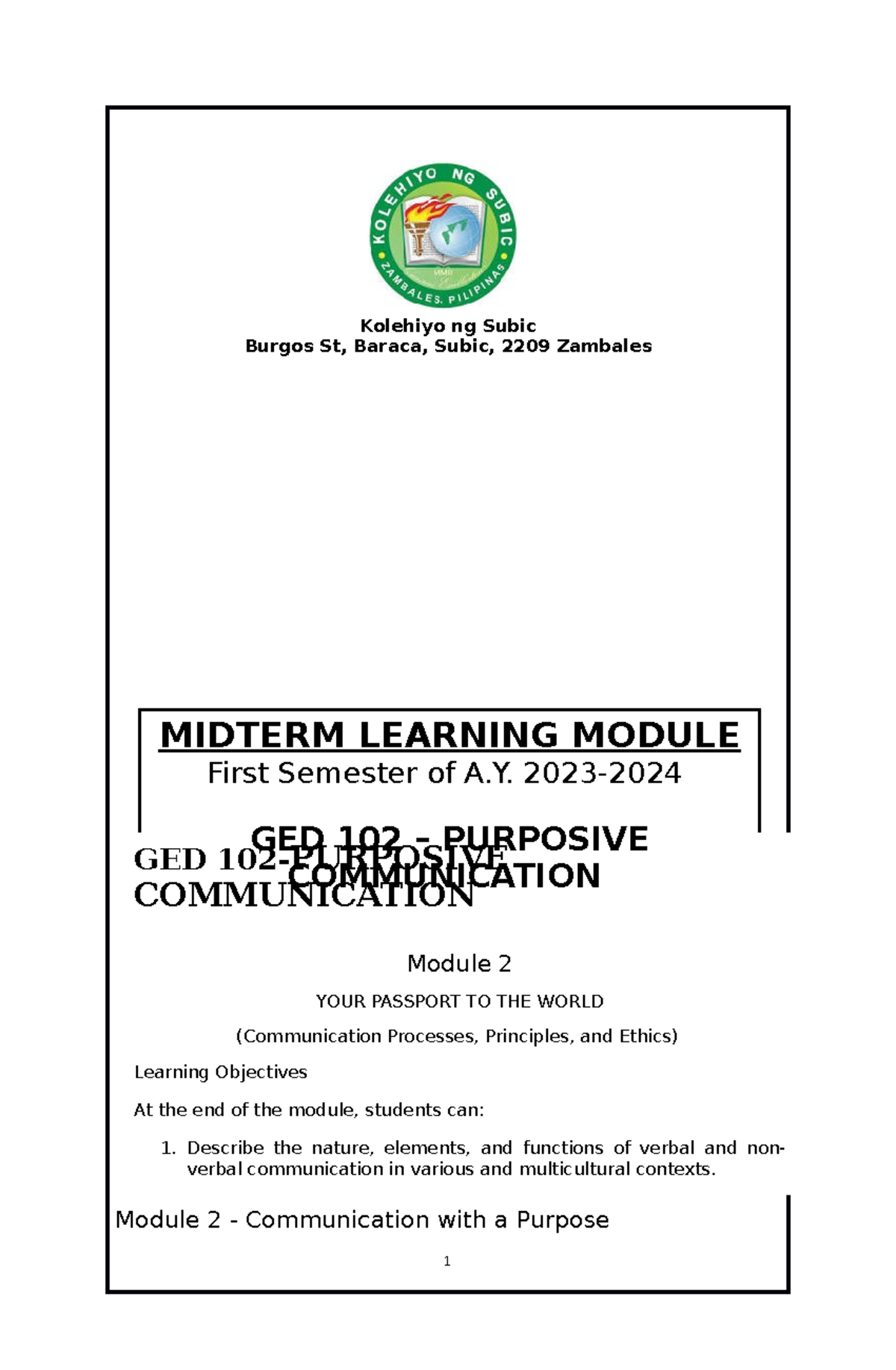 Module M GED102 Purposive Communication R2023 - Kolehiyo ng Subic ...