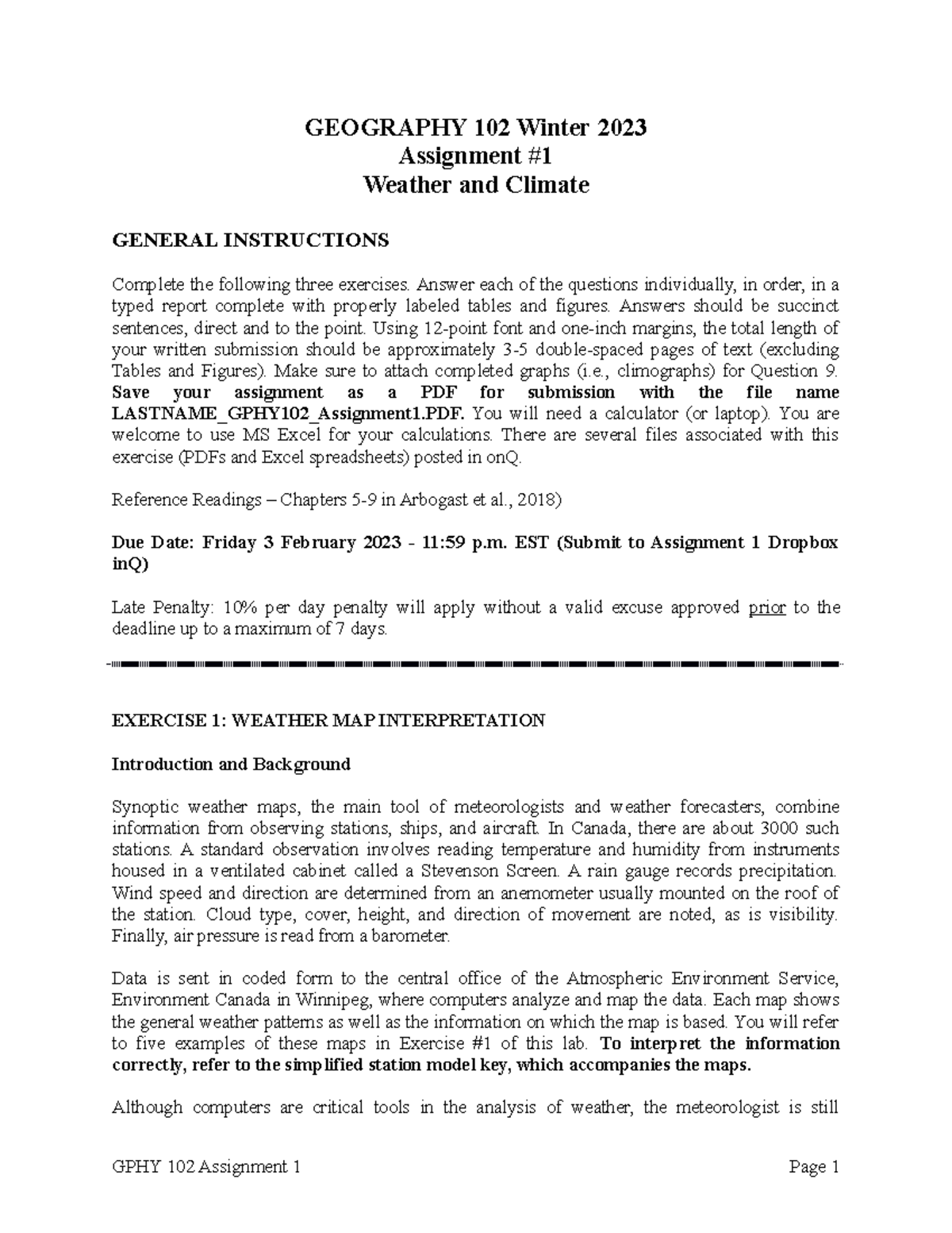 Assignment 1 W23 - Weather and Climate - GEOGRAPHY 102 Winter 2023 ...