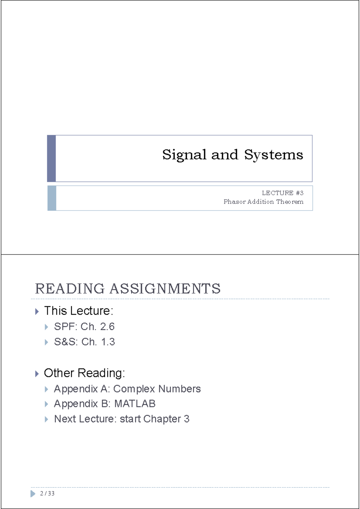 SPFirst-L03 Phase Addition - Signal and Systems LECTURE Phasor Addition Theorem READING ...