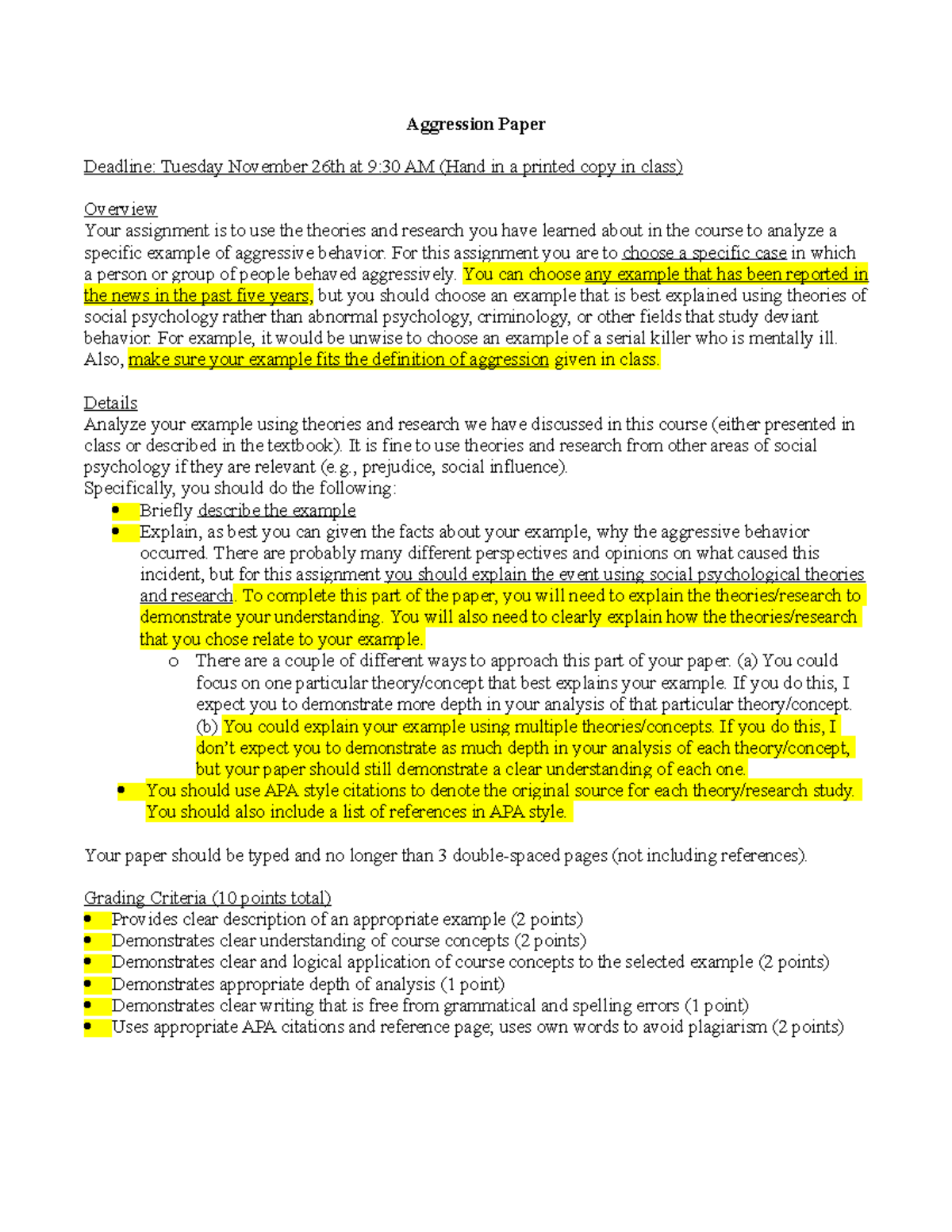 Aggression paper 19 - Aggression Paper Deadline: Tuesday November 26th ...