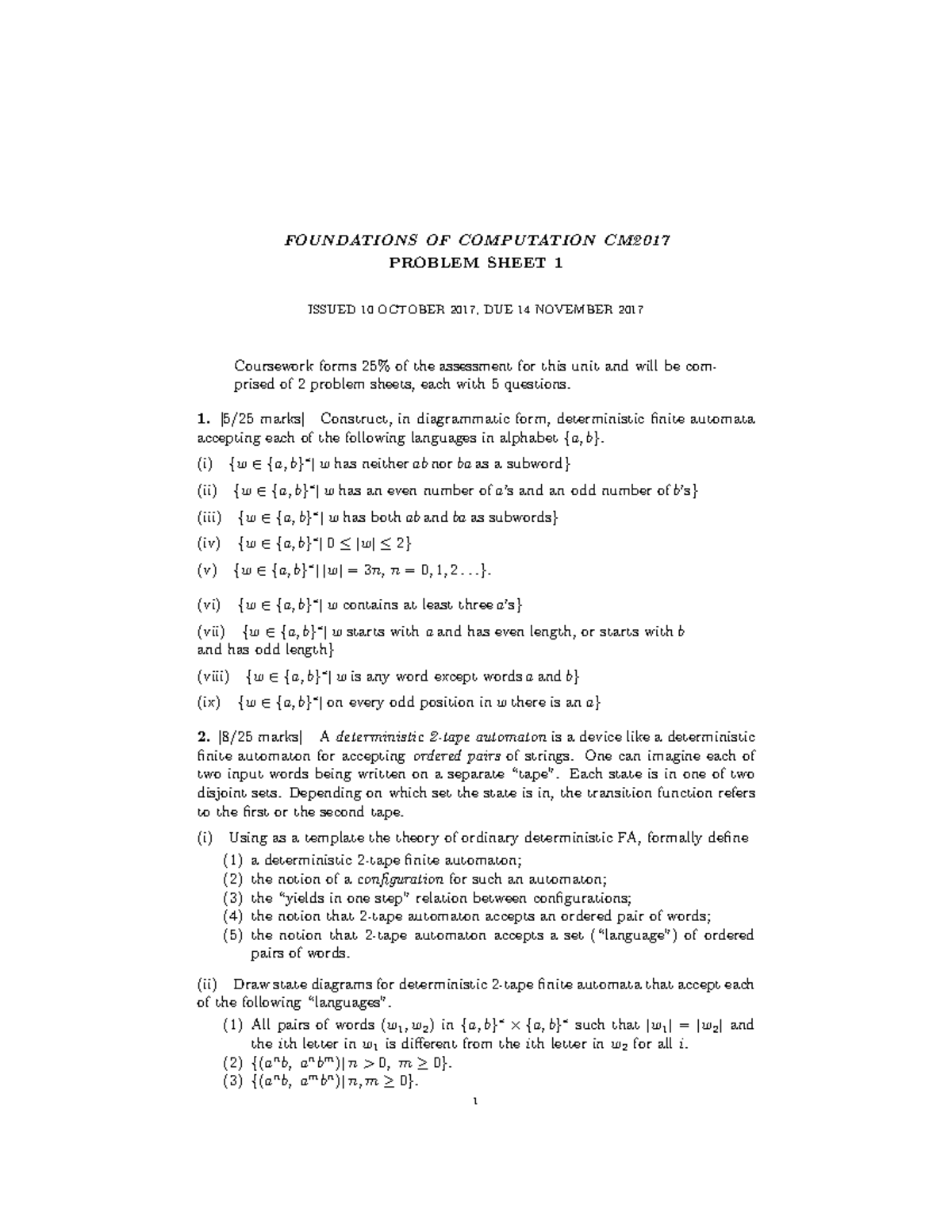 CM50260 2017-2018 Problem Sheet 1 - FOUNDATIONS OF COMPUTATION CM2017 PROBLEM SHEET 1 ISSUED 10 ...
