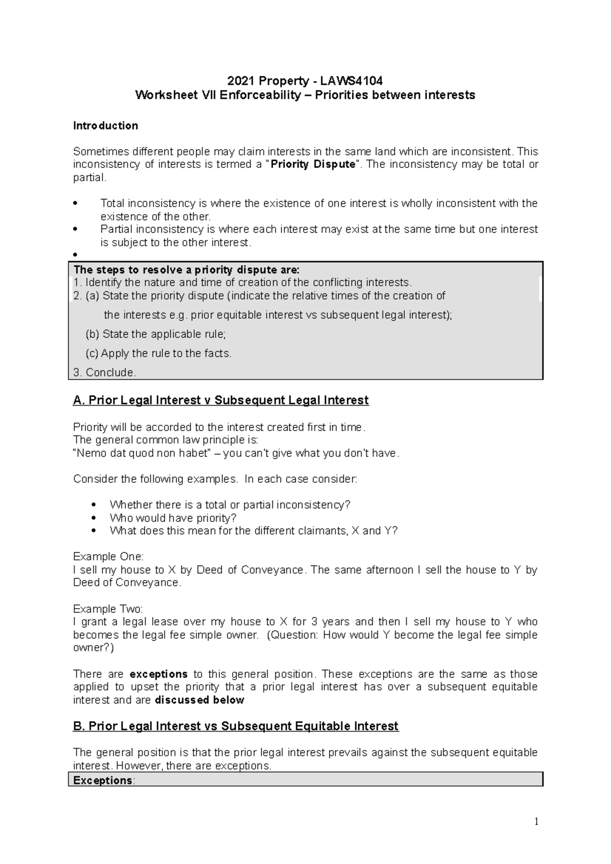Worksheet VII Enforceability Priorities between interests - 2021 ...