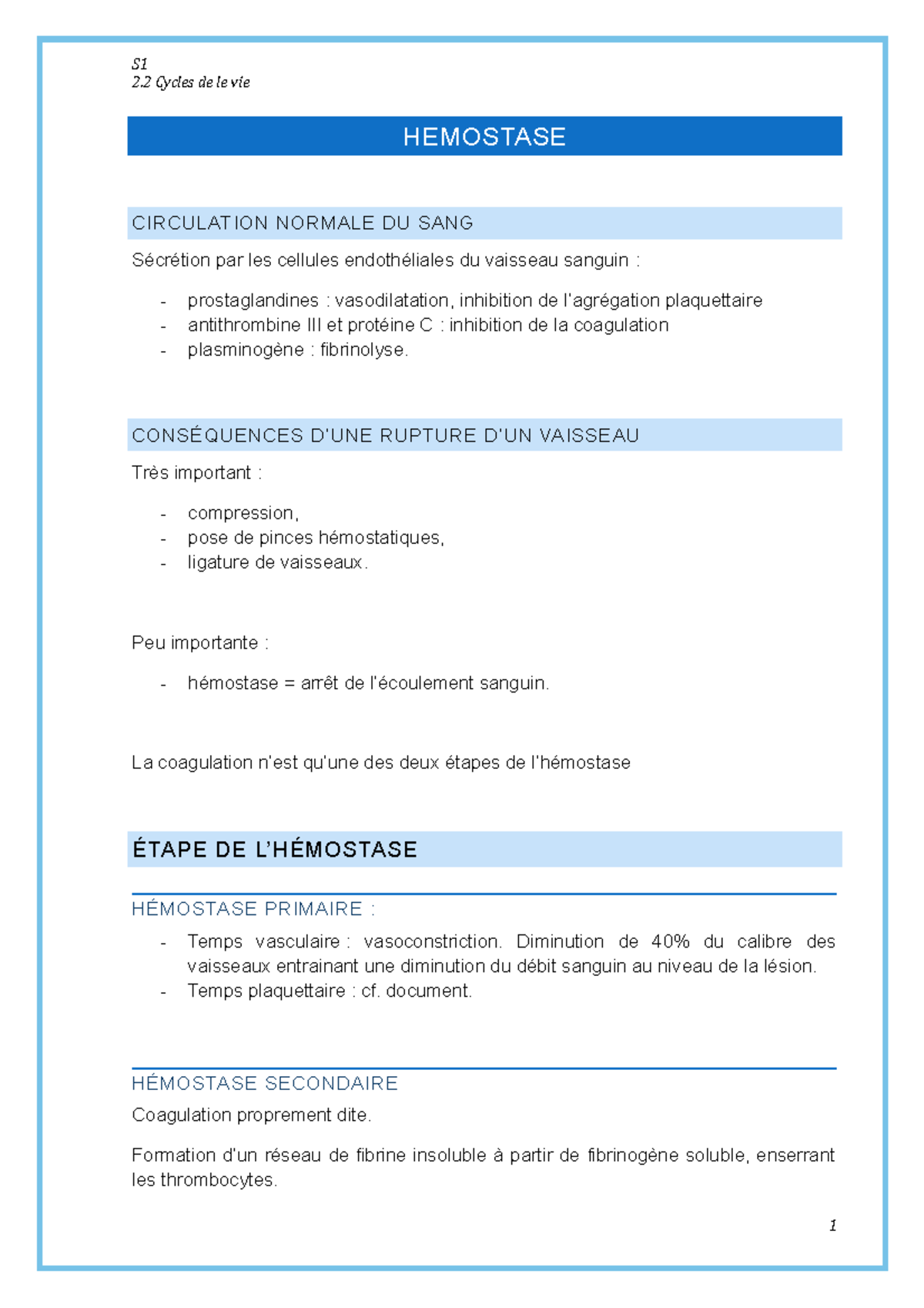 CH7 Hemostase - Cours d'IFSI - S1 2 Cycles de le vie HEMOSTASE ...