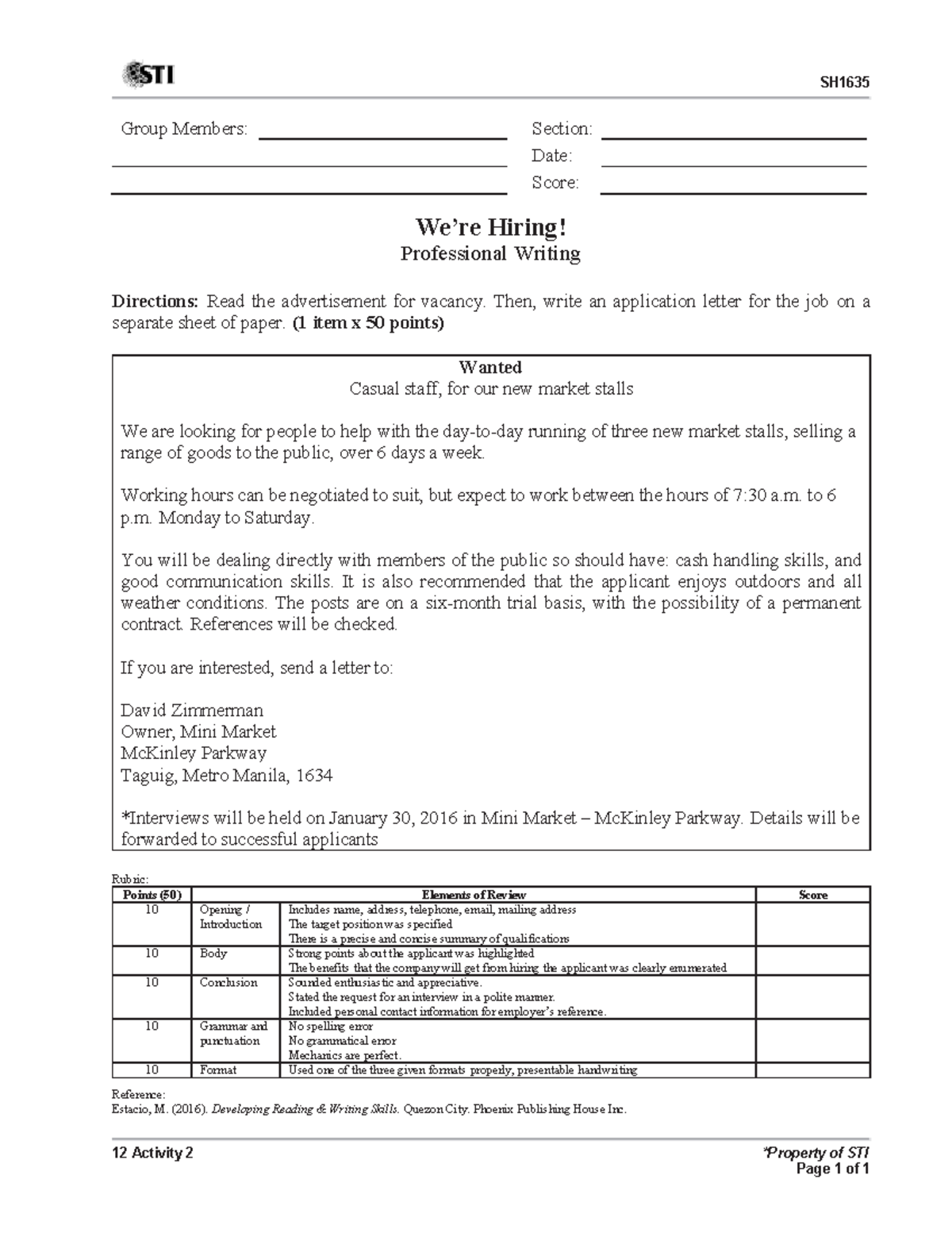 SH1635 Reading And Writing Skills 12 Activity 2 SH 12 Activity 2