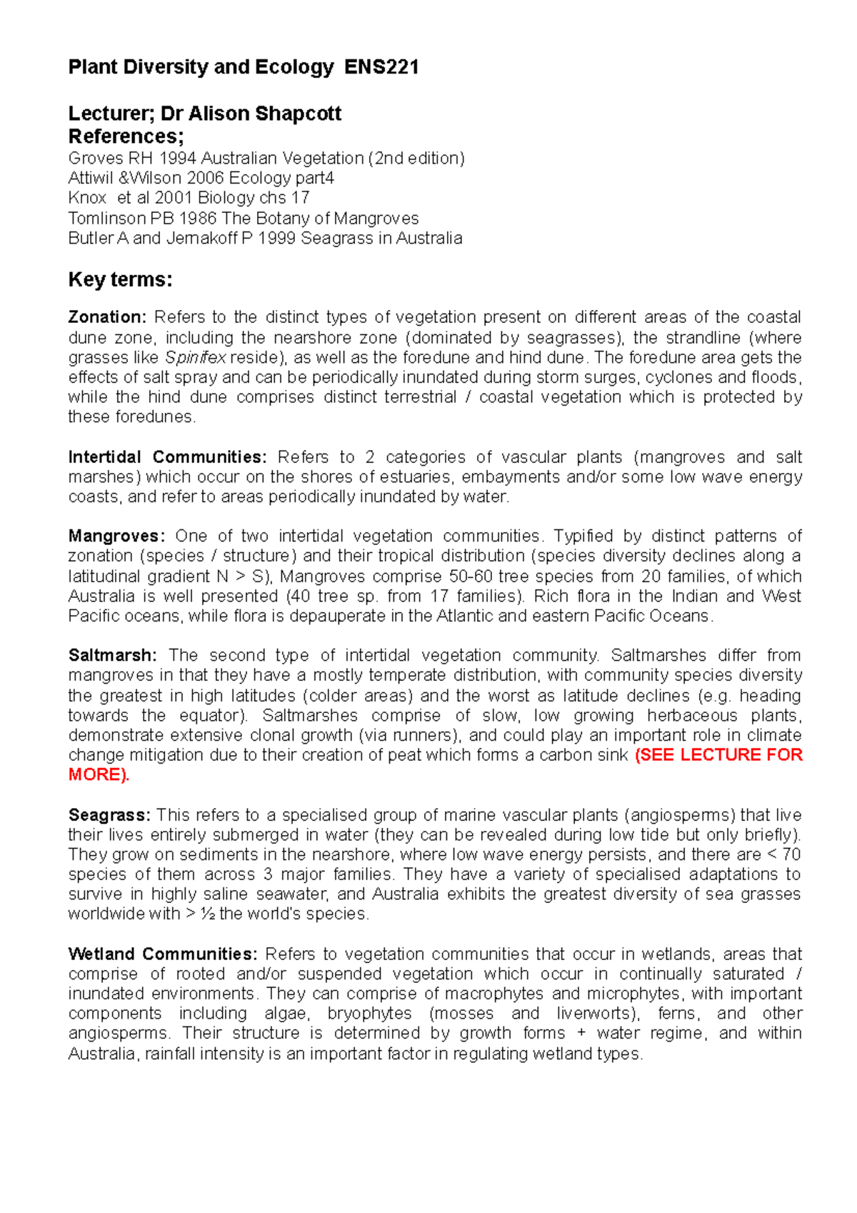 ENS221 Lecture Summary 9 - Plant Diversity and Ecology ENS Lecturer; Dr ...