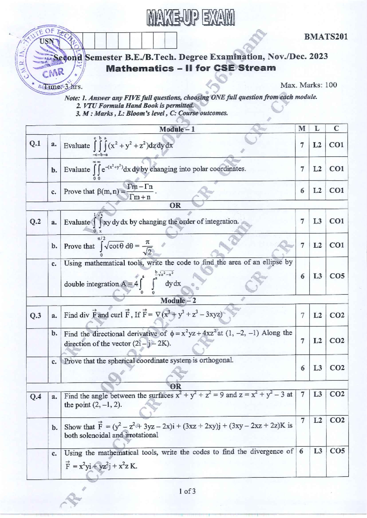 Make-Up VTU Question Paper of BMATS201 Mathematics-II for CSE Stream ...