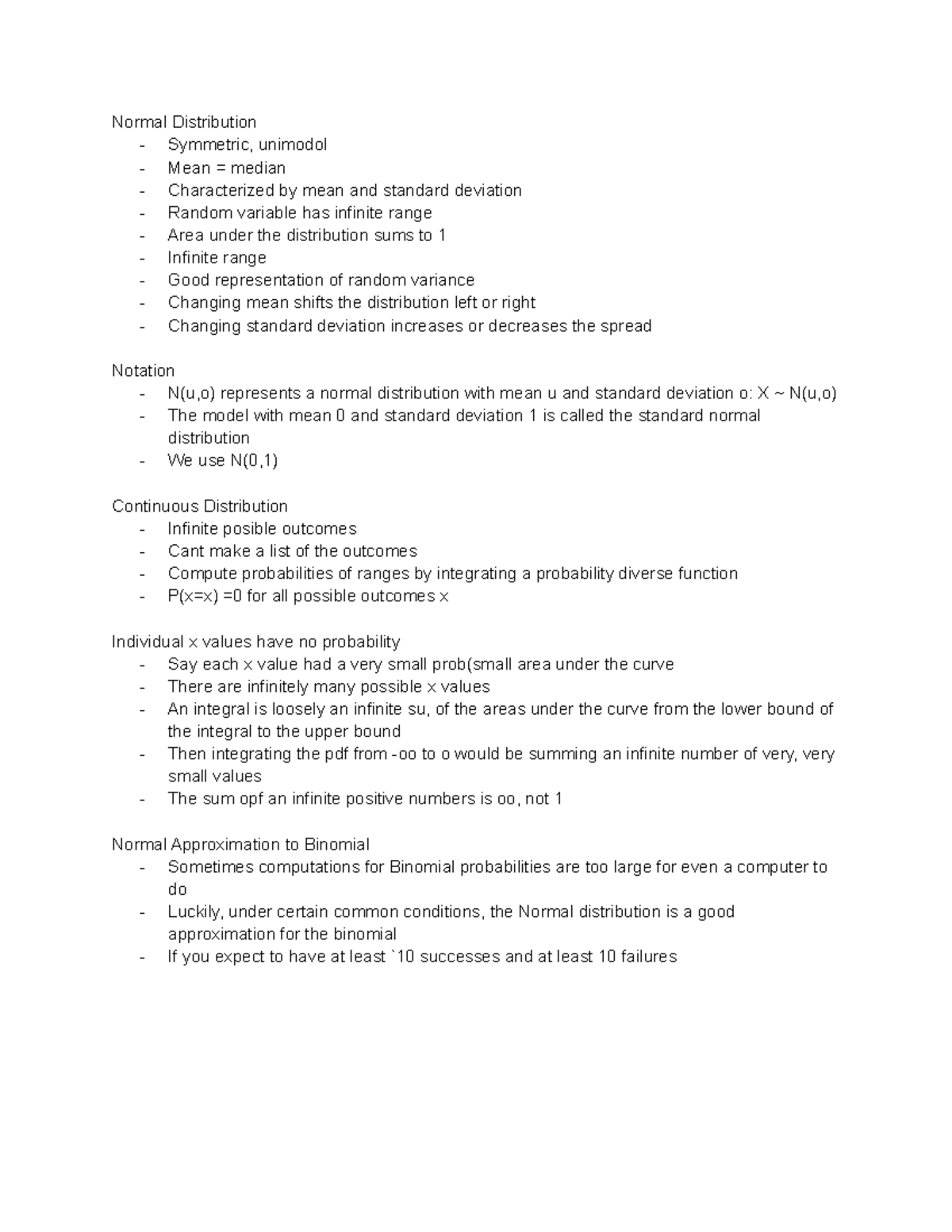 Summary of Class 8 - Business Statistics Notes - Normal Distribution ...