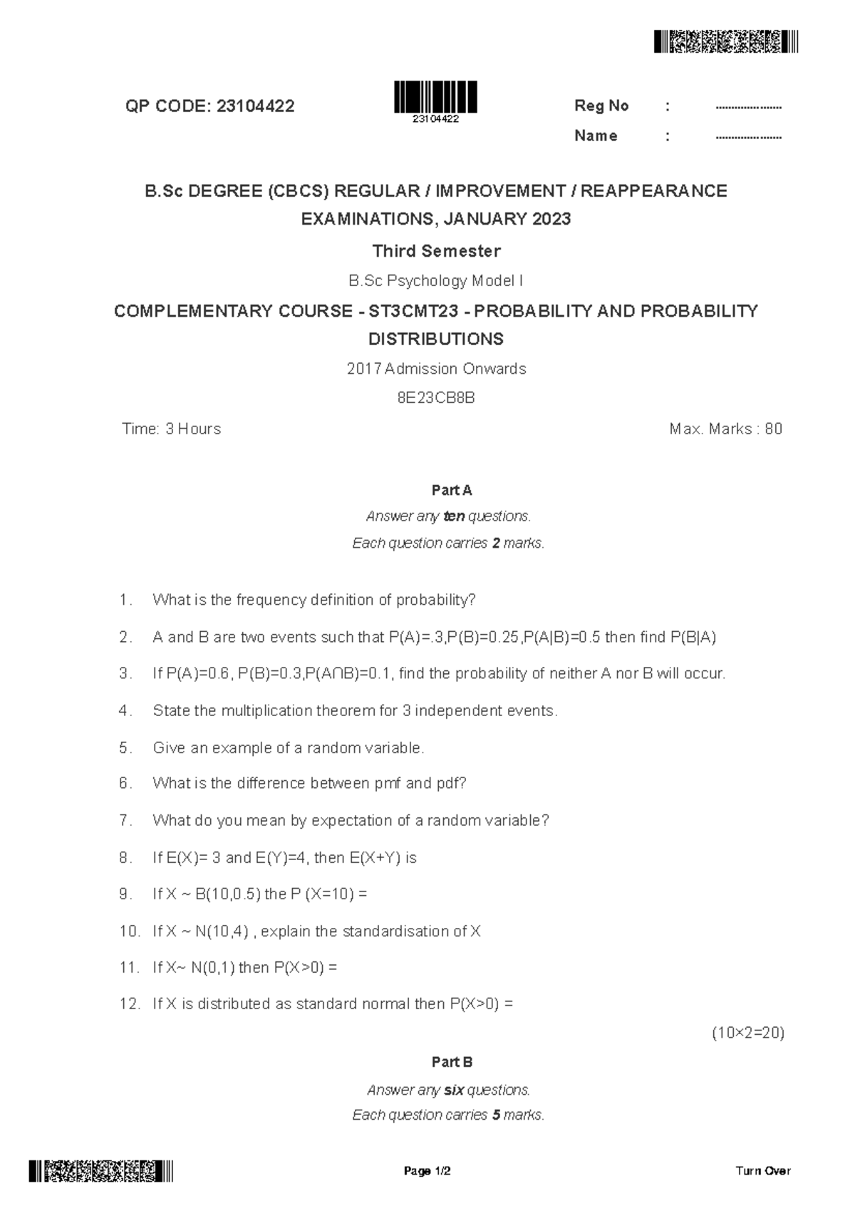 Probability AND Probability Distributions - QP CODE: 23104422 Reg No