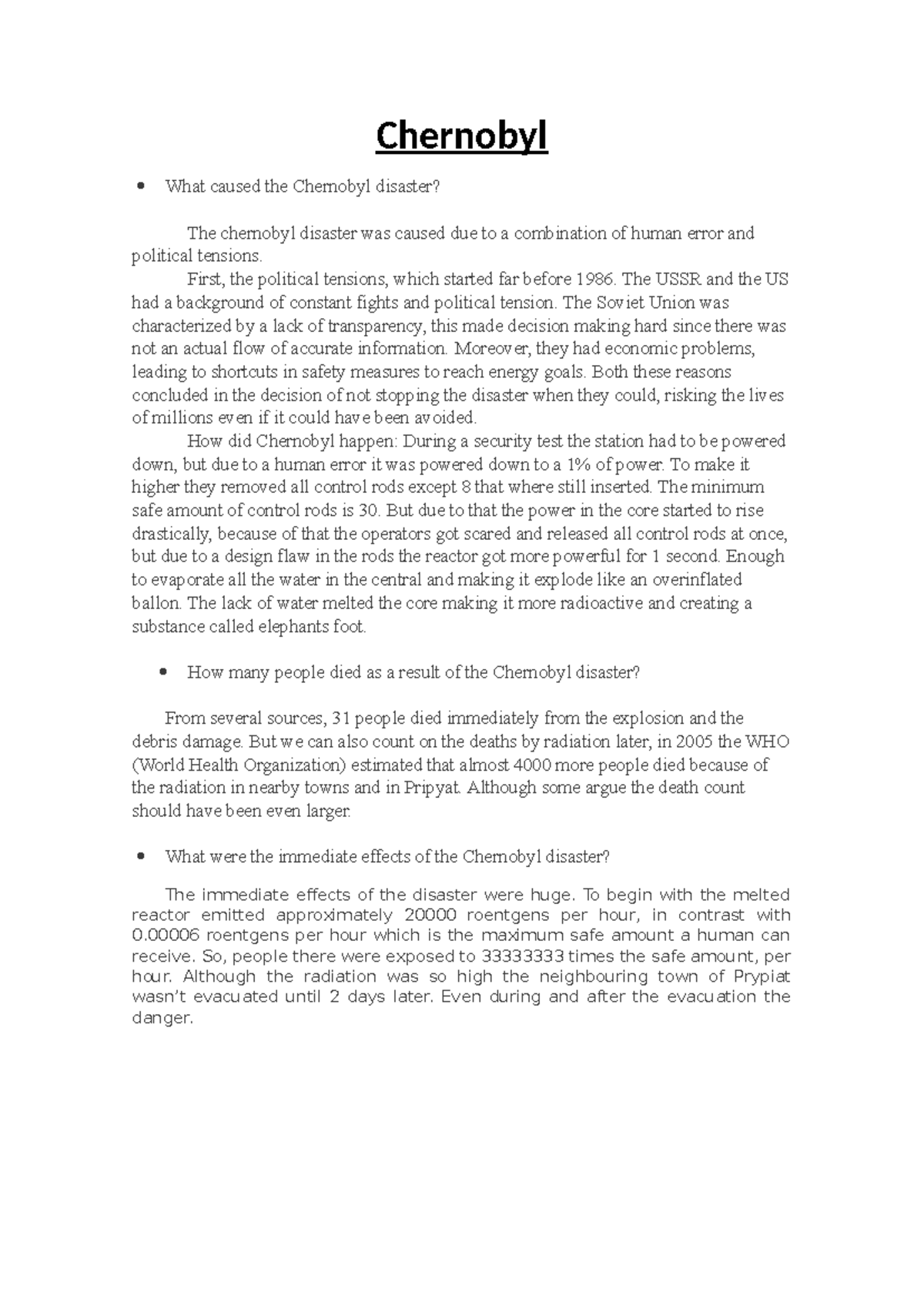 Chernobyl, preguntas de clase respondidas acerca de información general ...