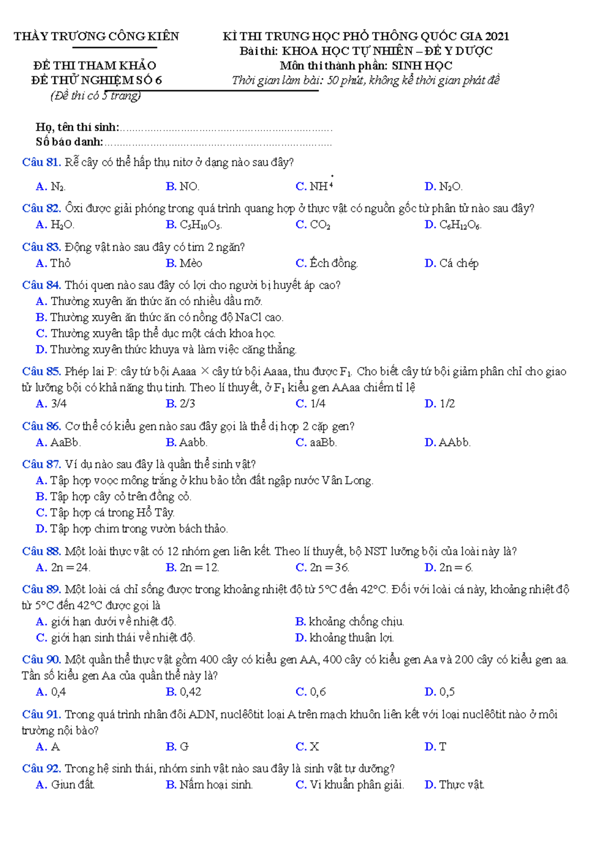 ĐỀ THỬ NGHIỆM SỐ 6 - HTRHT - THẦY TRƯƠNG CÔNG KIÊN ĐỀ THI THAM KHẢO ĐỀ ...