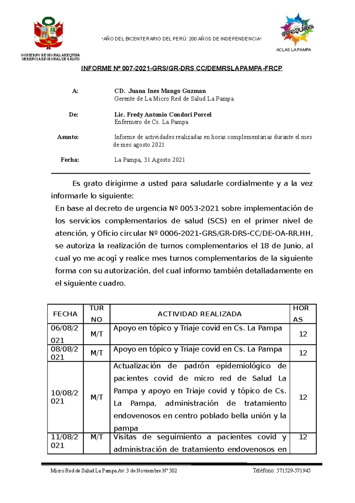 Informe de horas complementarias Julio - 2021 - ACLAS LA PAMPA INFORME Nº 007-2021-GRS/GR-DRS ...