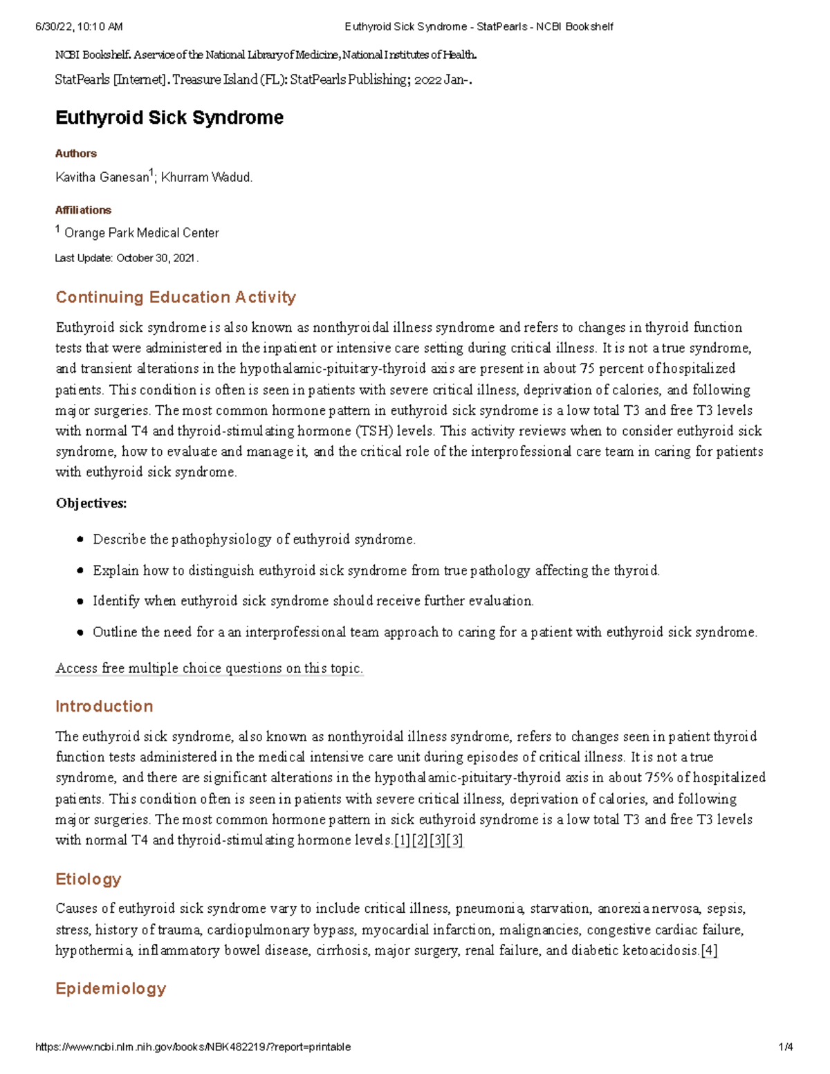 Euthyroid Sick Syndrome - Stat Pearls - NCBI Bookshelf - NCBI Bookshelf ...