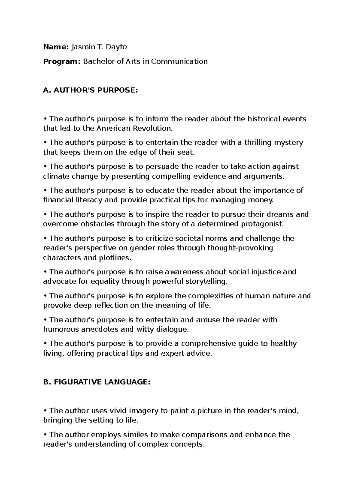 Author's purpose and Figurative Language - Name: Jasmin T. Dayto ...