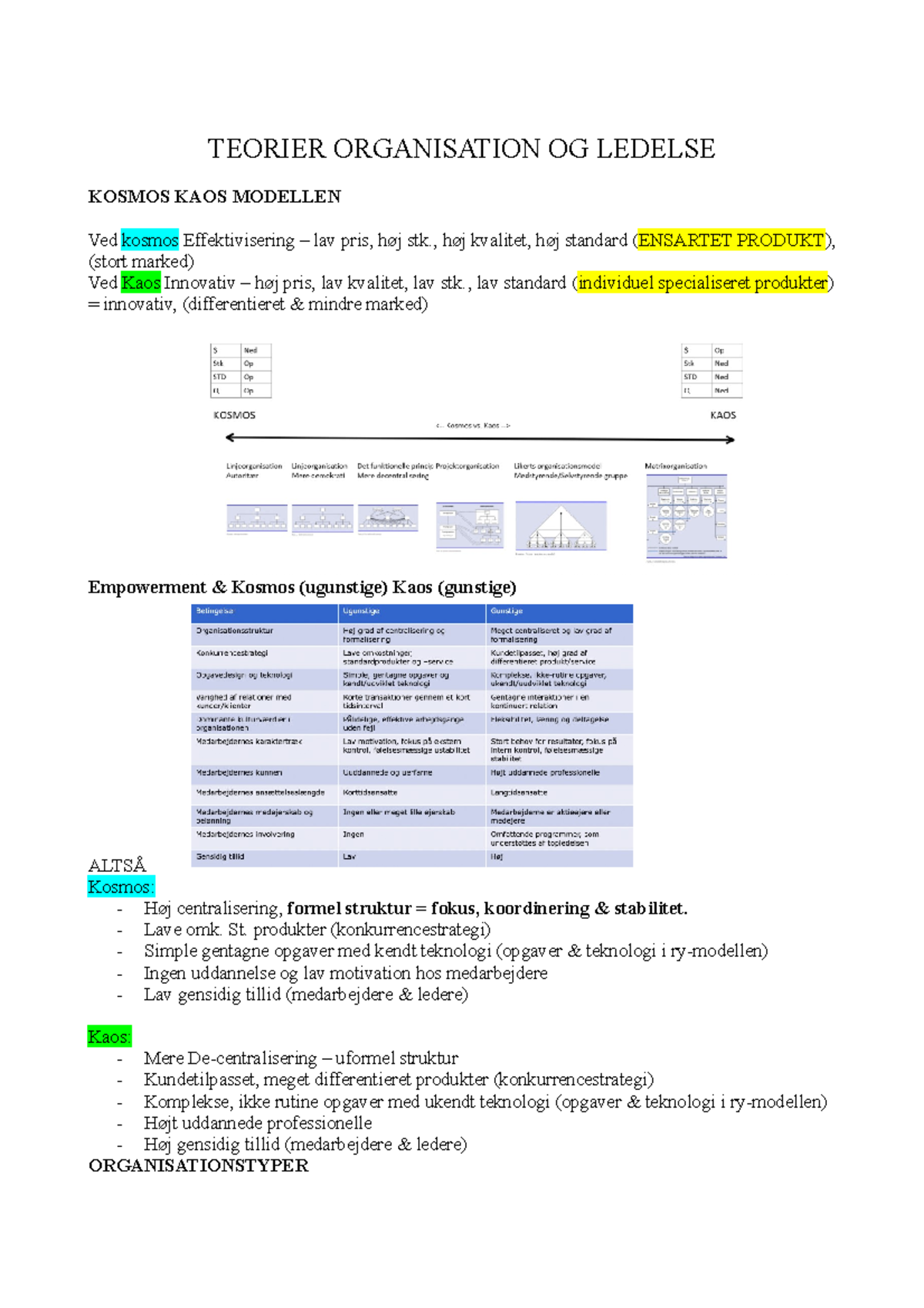 Teorier-organisation-ledelse - TEORIER ORGANISATION OG LEDELSE KOSMOS KAOS MODELLEN Ved kosmos ...