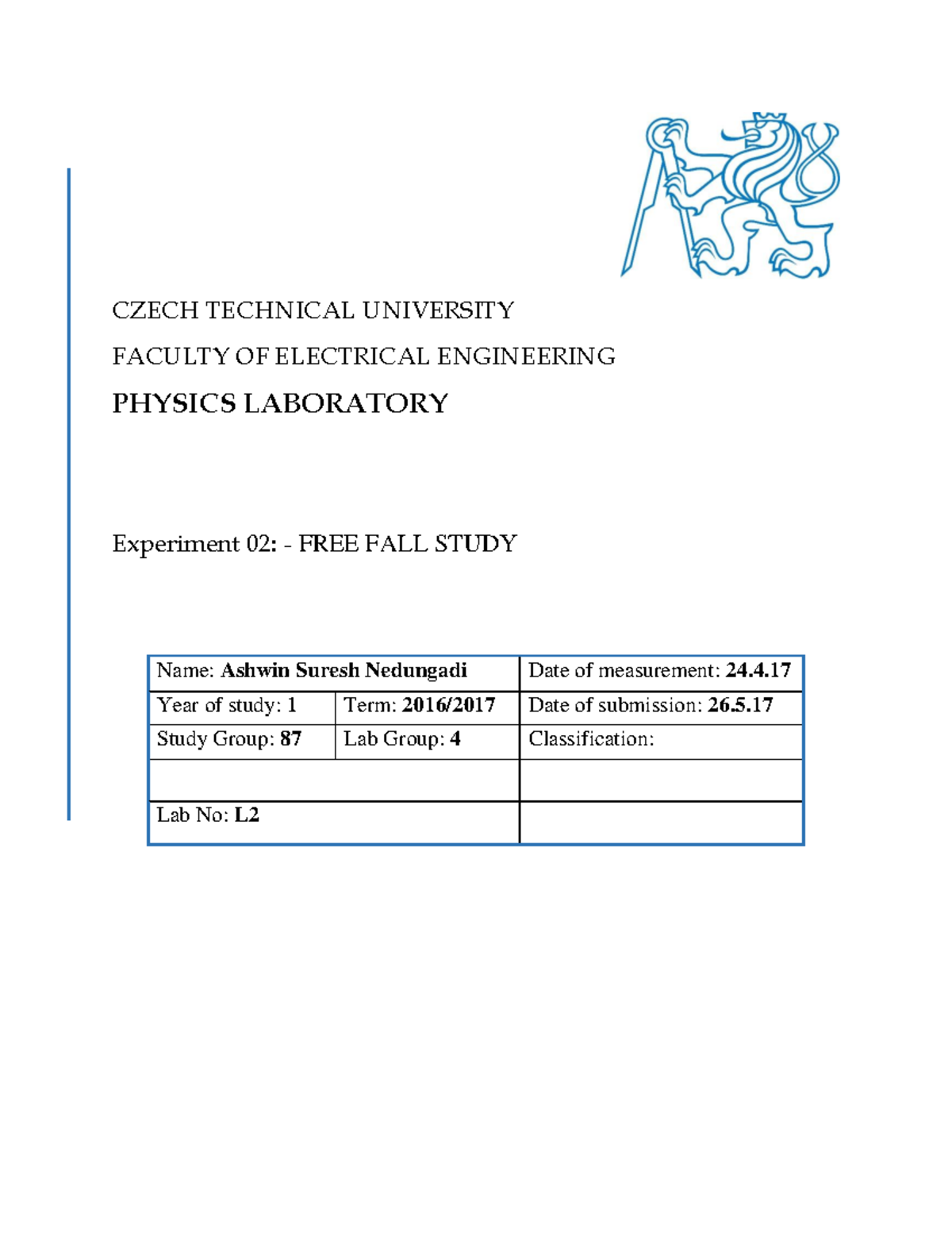 L2-Free Fall Study - Physics 1 Laboratory - CZECH TECHNICAL UNIVERSITY ...