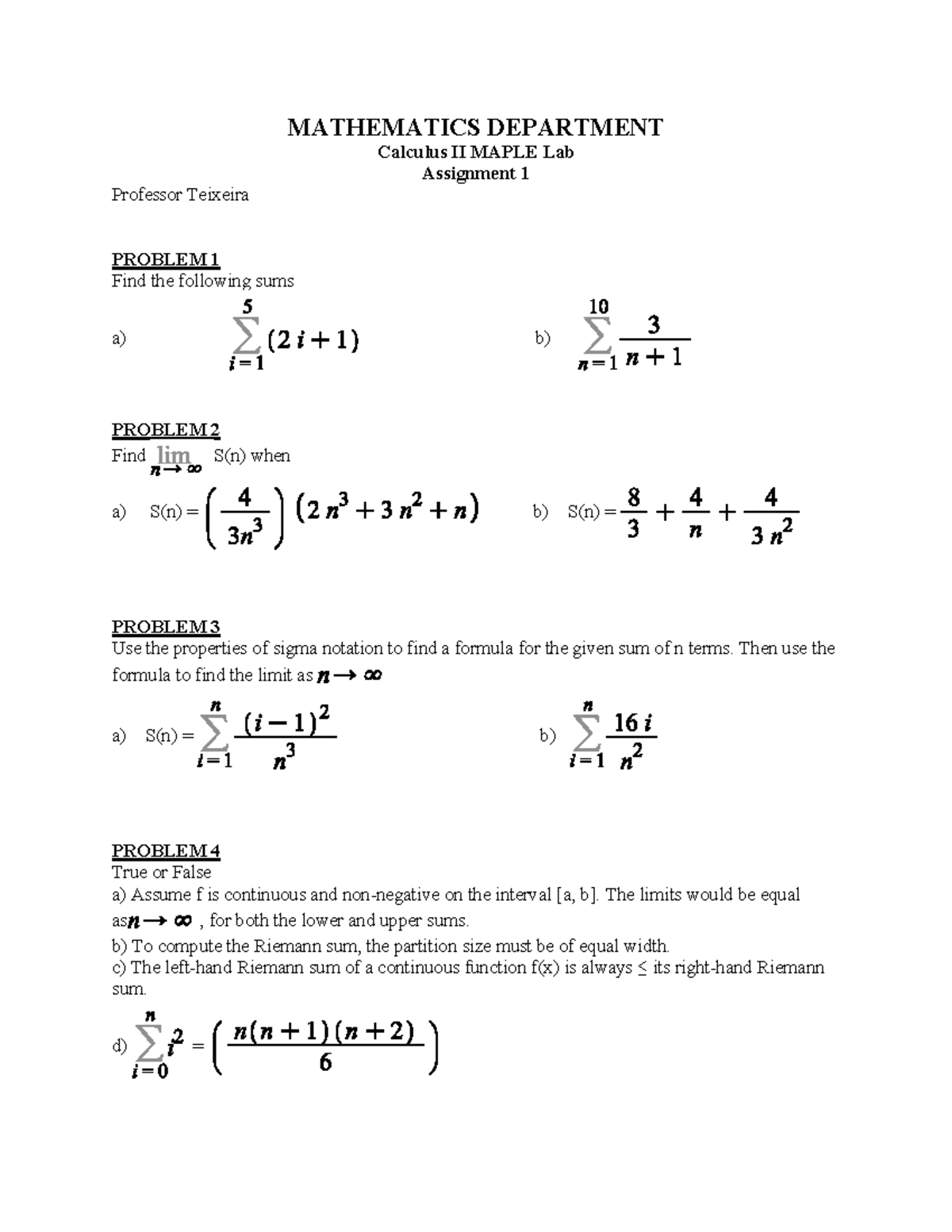 302Lab1 - Notes - MATHEMATICS DEPARTMENT Calculus II MAPLE Lab ...