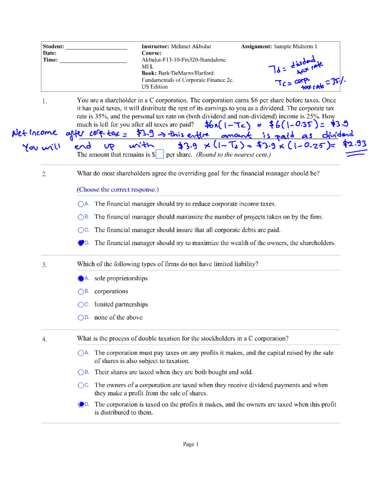 Sample Midterm 1 with solutions of FIN 320 - Student: Instructor ...