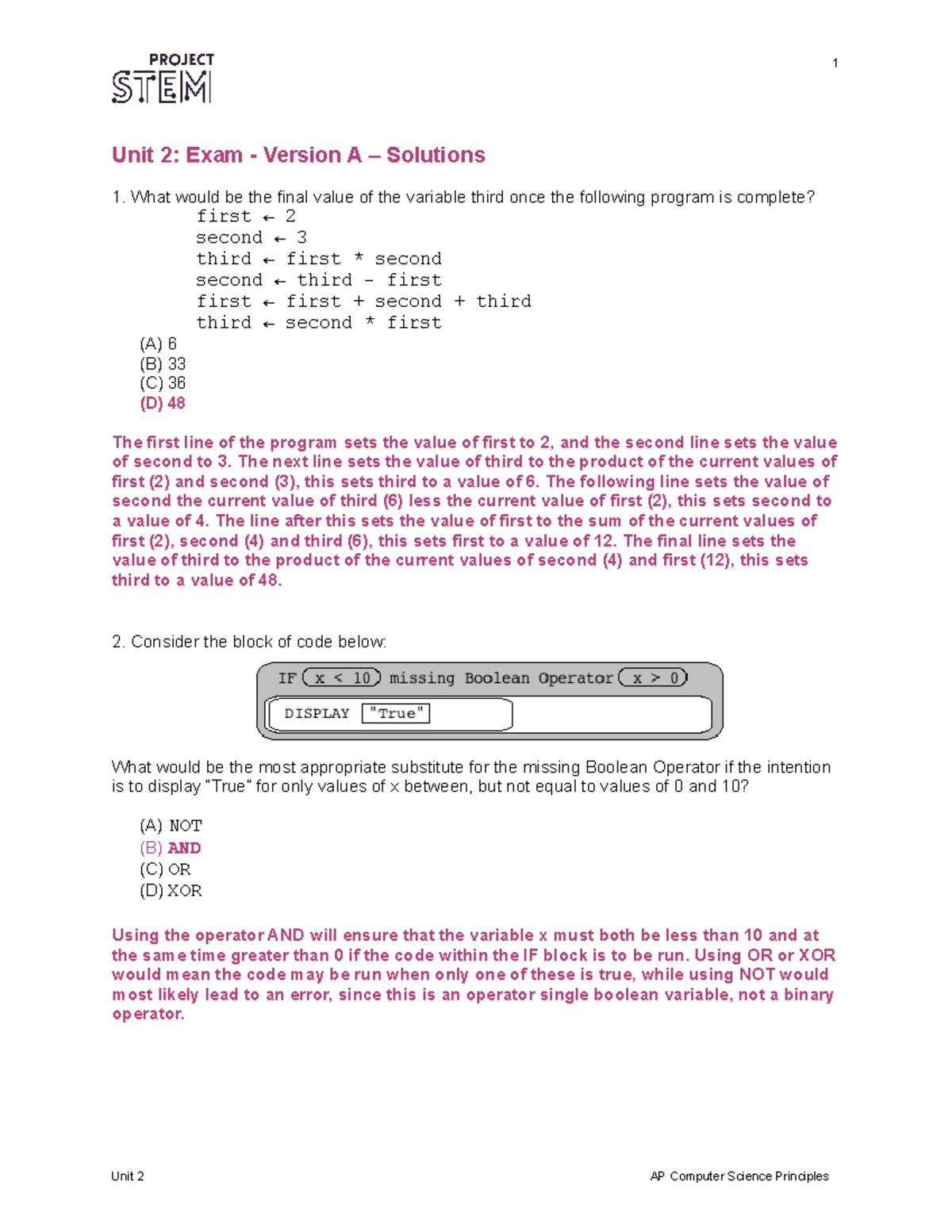 U2 Exam Version A Solutions - Unit 2: Exam - Version A – Solutions 1. What would be the final ...
