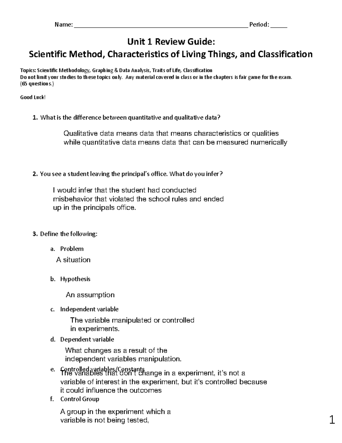 Unit 1 Review Guide 2023 - Name ...