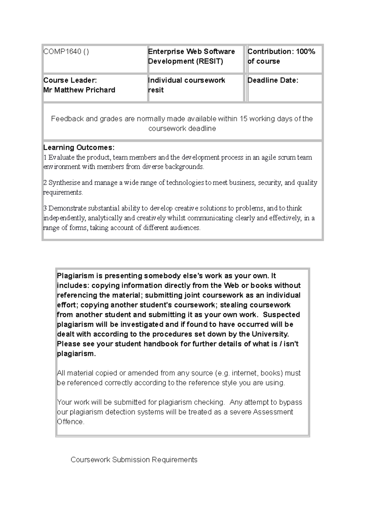 COMP1640 Individual resit - COMP1640 () Enterprise Web Software Development (RESIT) Contribution ...