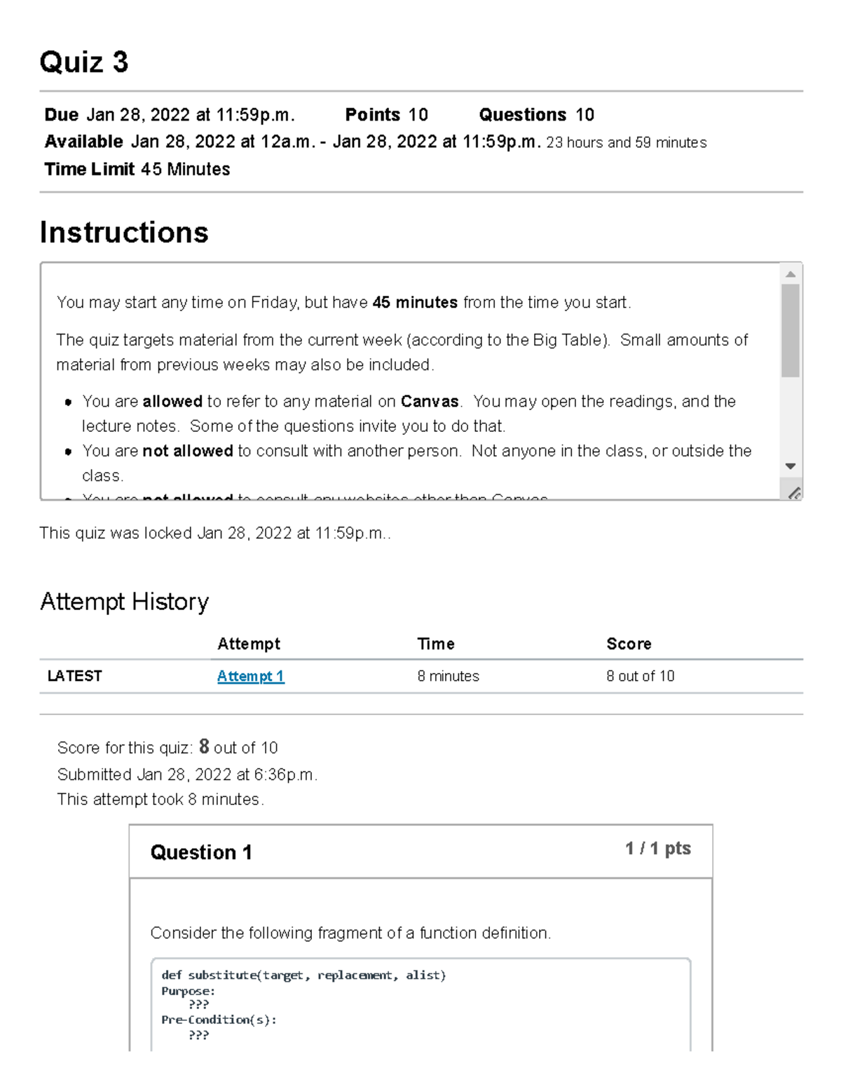 Quiz 3 CMPT-145 - Quiz - Quiz 3 Due Jan 28, 2022 at 11:59p. Points 10 ...