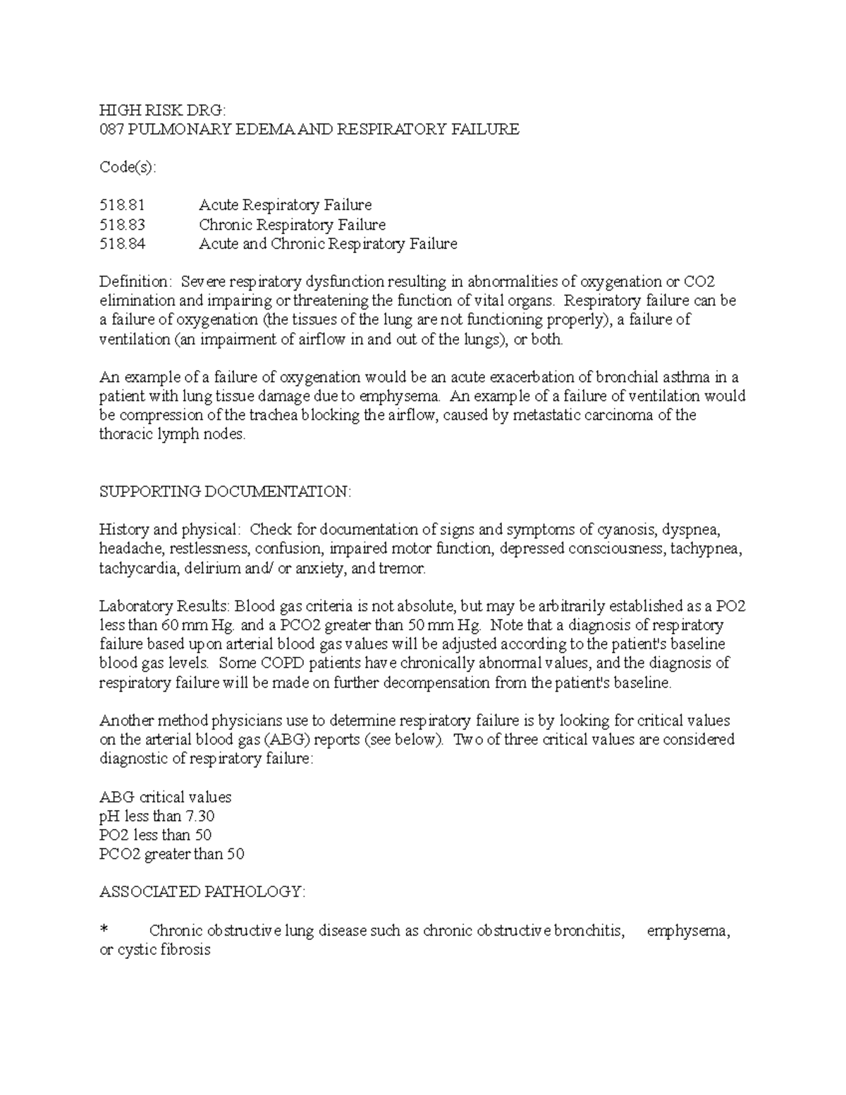 HIGH RISK DR2 - High risk DRG OB - HIGH RISK DRG: 087 PULMONARY EDEMA ...