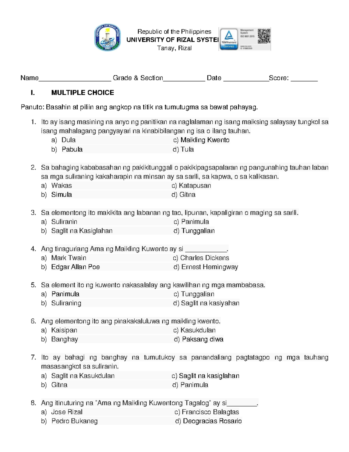 Filipino EXAM - Republic of the Philippines UNIVERSITY OF RIZAL SYSTEM ...