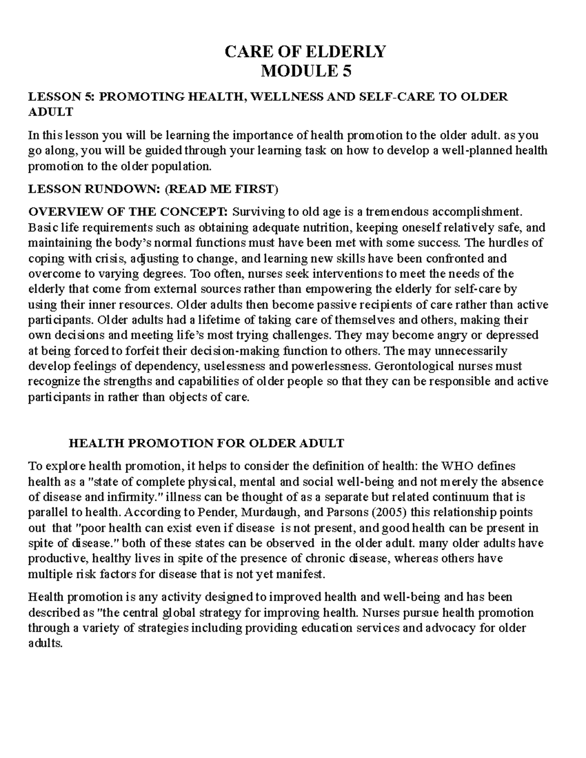 Care of the Elderly: Module Five - Lesson Five - CARE OF ELDERLY MODULE ...