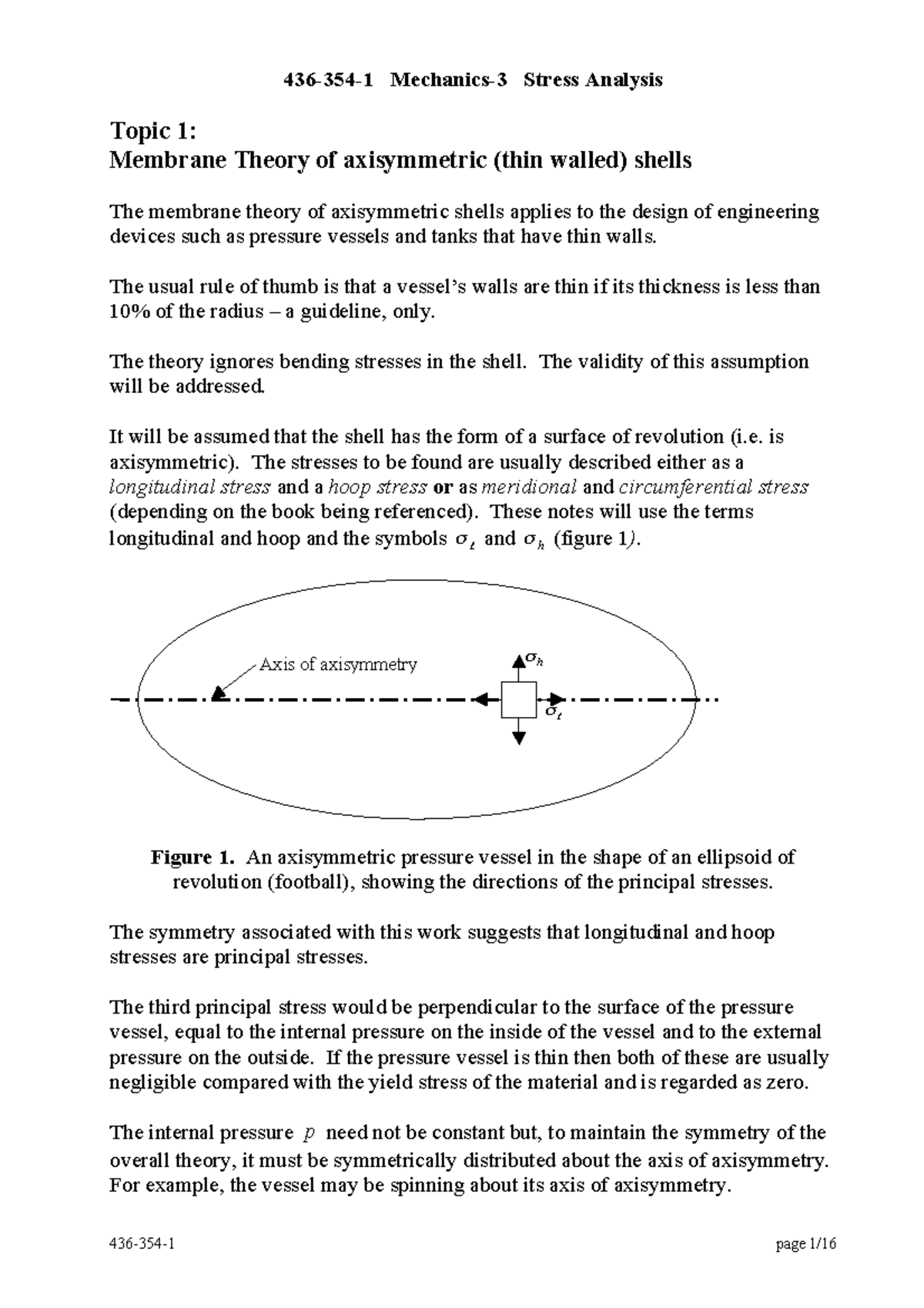 1 Thin Shells - 436-354-1 Mechanics-3 Stress Analysis Topic 1: Membrane ...