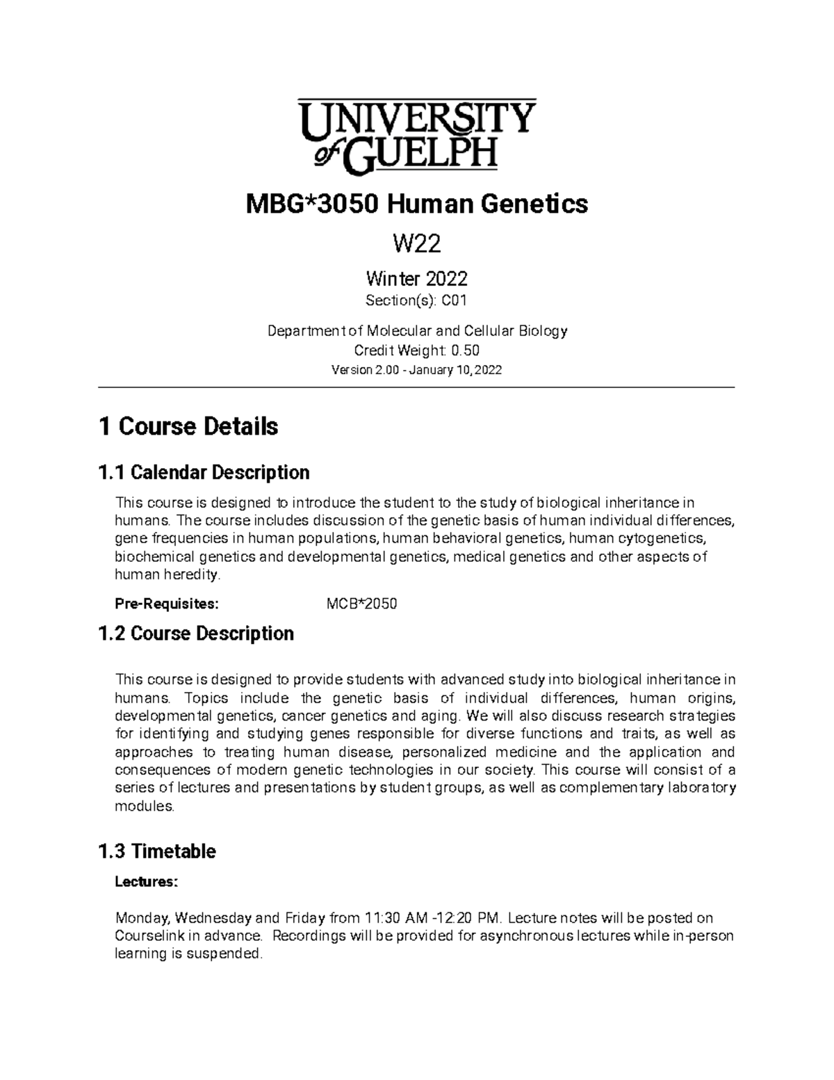 MBG*3050 - Human Genetics Course Outline Winter 2022 Offering - MBG ...